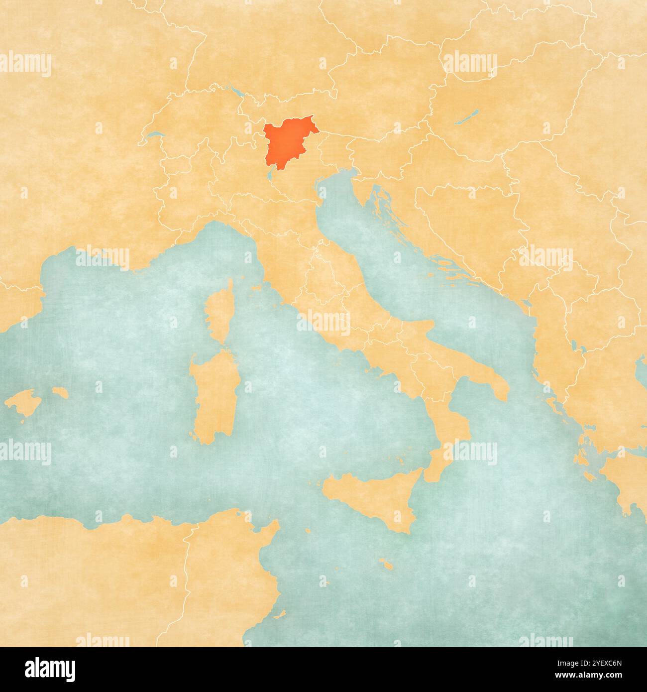 Trentino-South Tyrol on the map of Italy in soft grunge and vintage ...