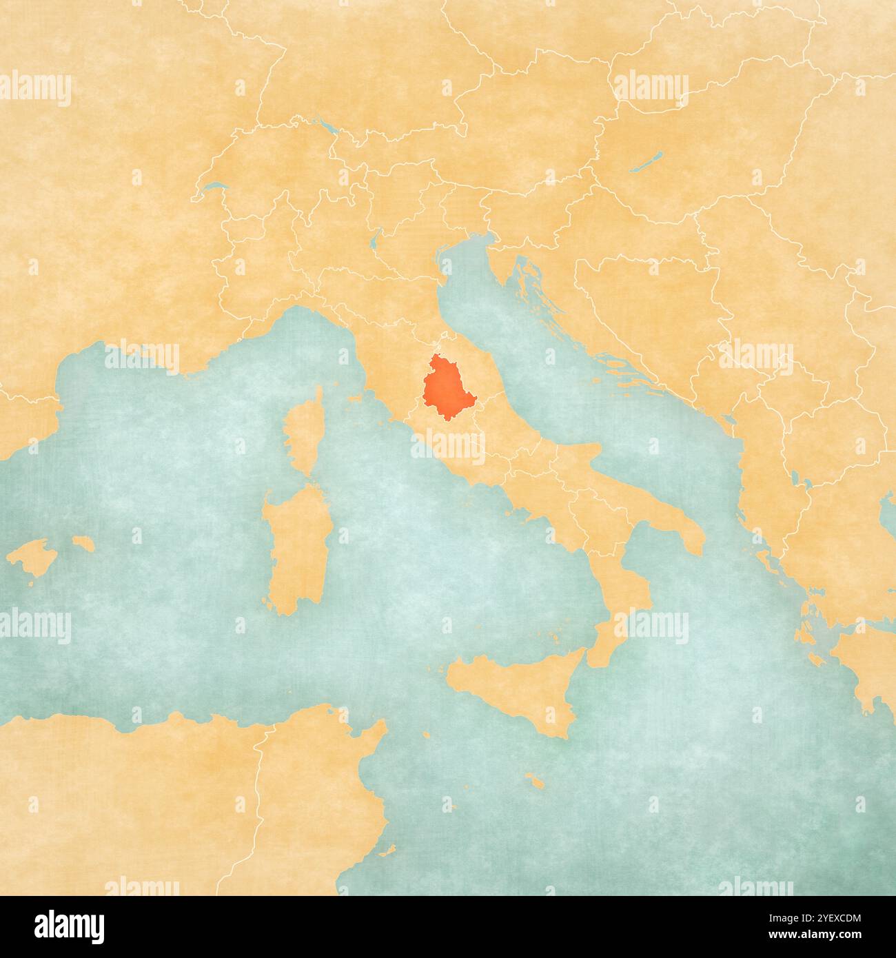 Umbria on the map of Italy in soft grunge and vintage style, like old ...