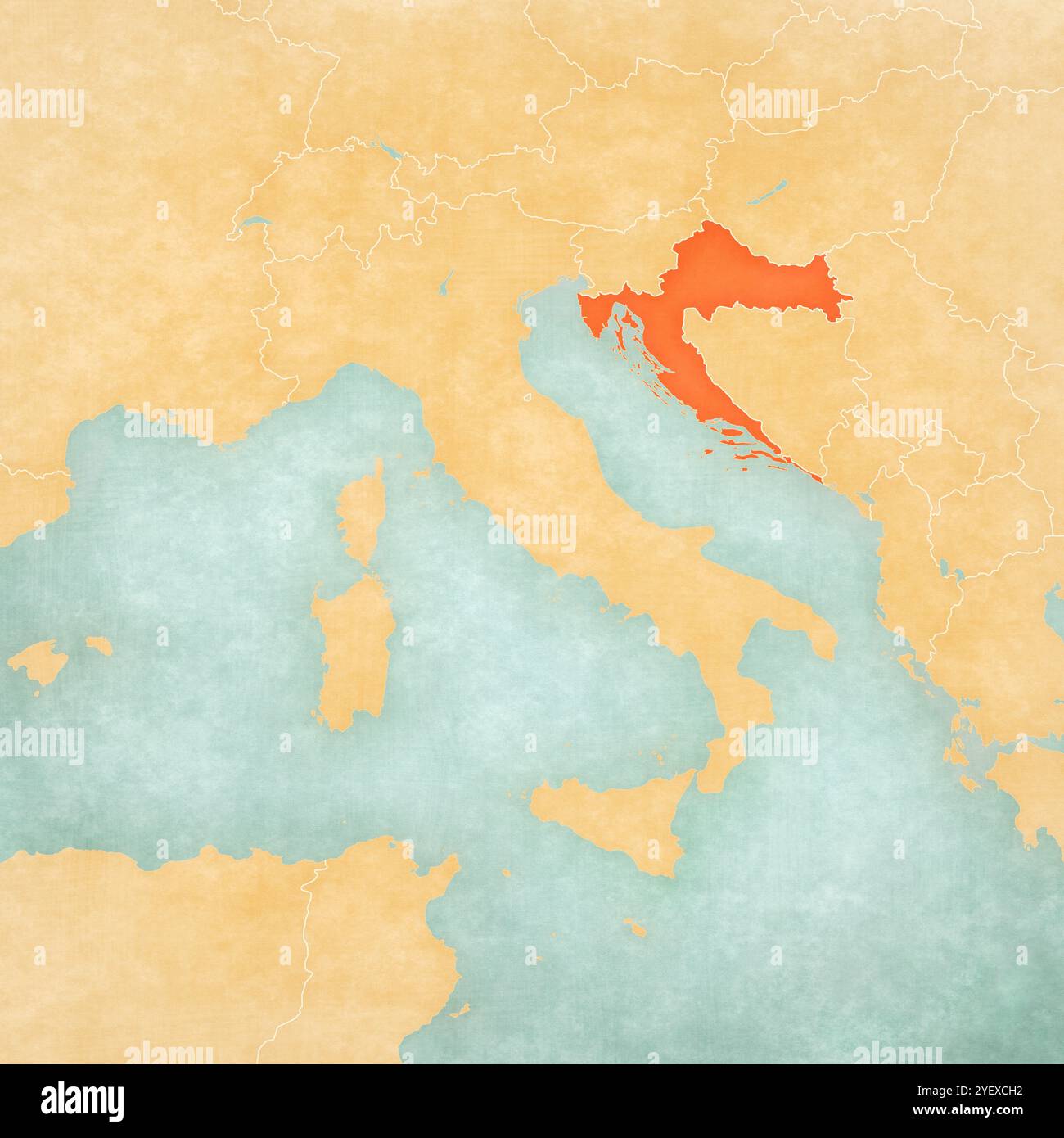 Croatia on the map of Italian peninsula in soft grunge and vintage ...