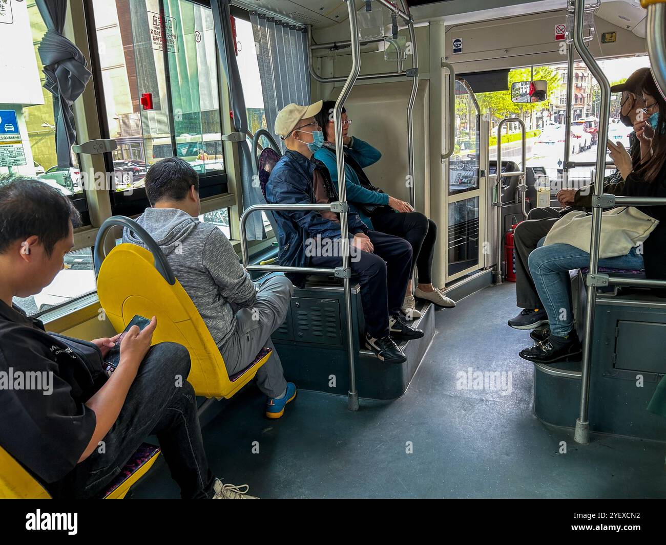 Shanghai, China, Crowd Chinese people, Sitting, Riding, Public Bus, inside view, transportation ...