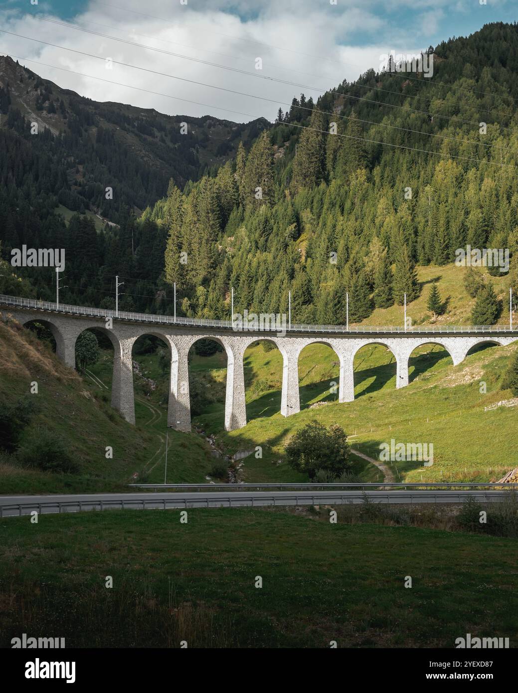 Val Bugnei Viadukt. Railway viaduct in the mountains. Old stone bridge ...