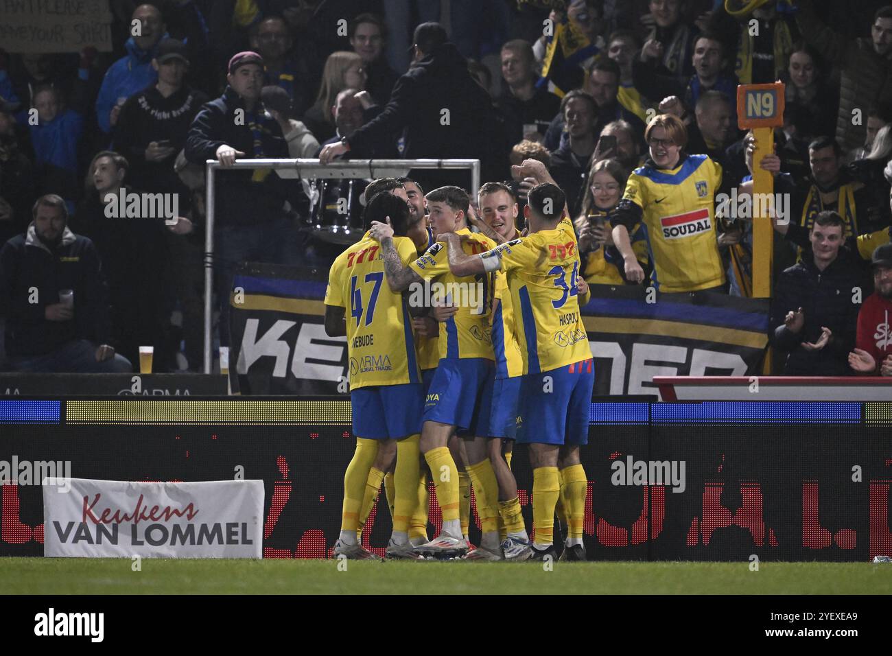 Westerlo, Belgium. 01st Nov, 2024. Westerlo's players celebrate after ...