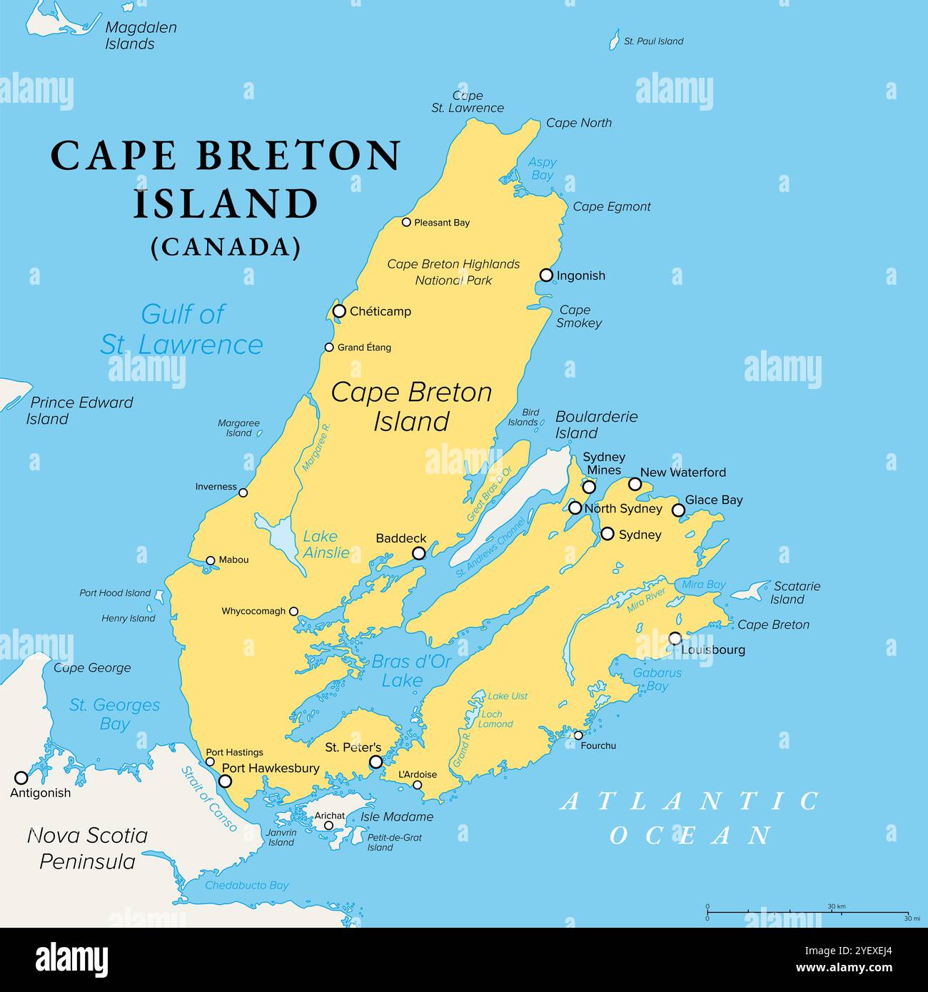 Cape Breton Island, Nova Scotia, Canada, political map. Rugged and irregularly shaped island on ...