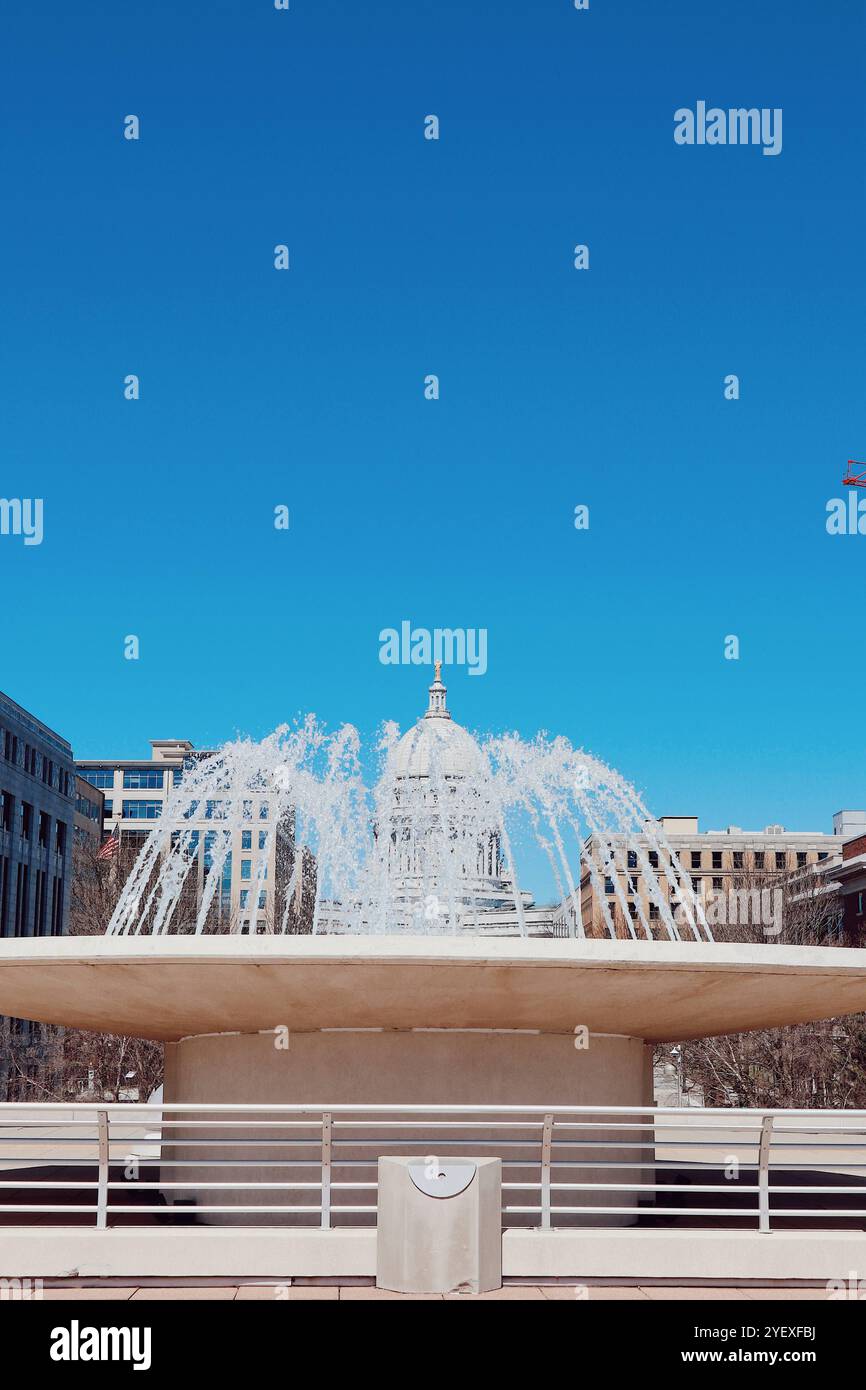 Outdoor fountain on the Monona Terrace onlooking Madison Wisconsin ...