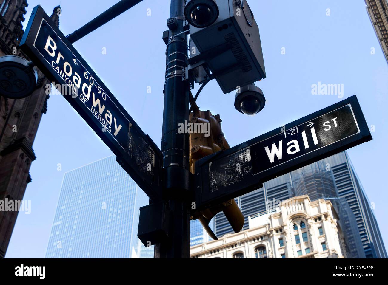 Street signs for Broadway and Wall Street with skyscrapers and historic ...