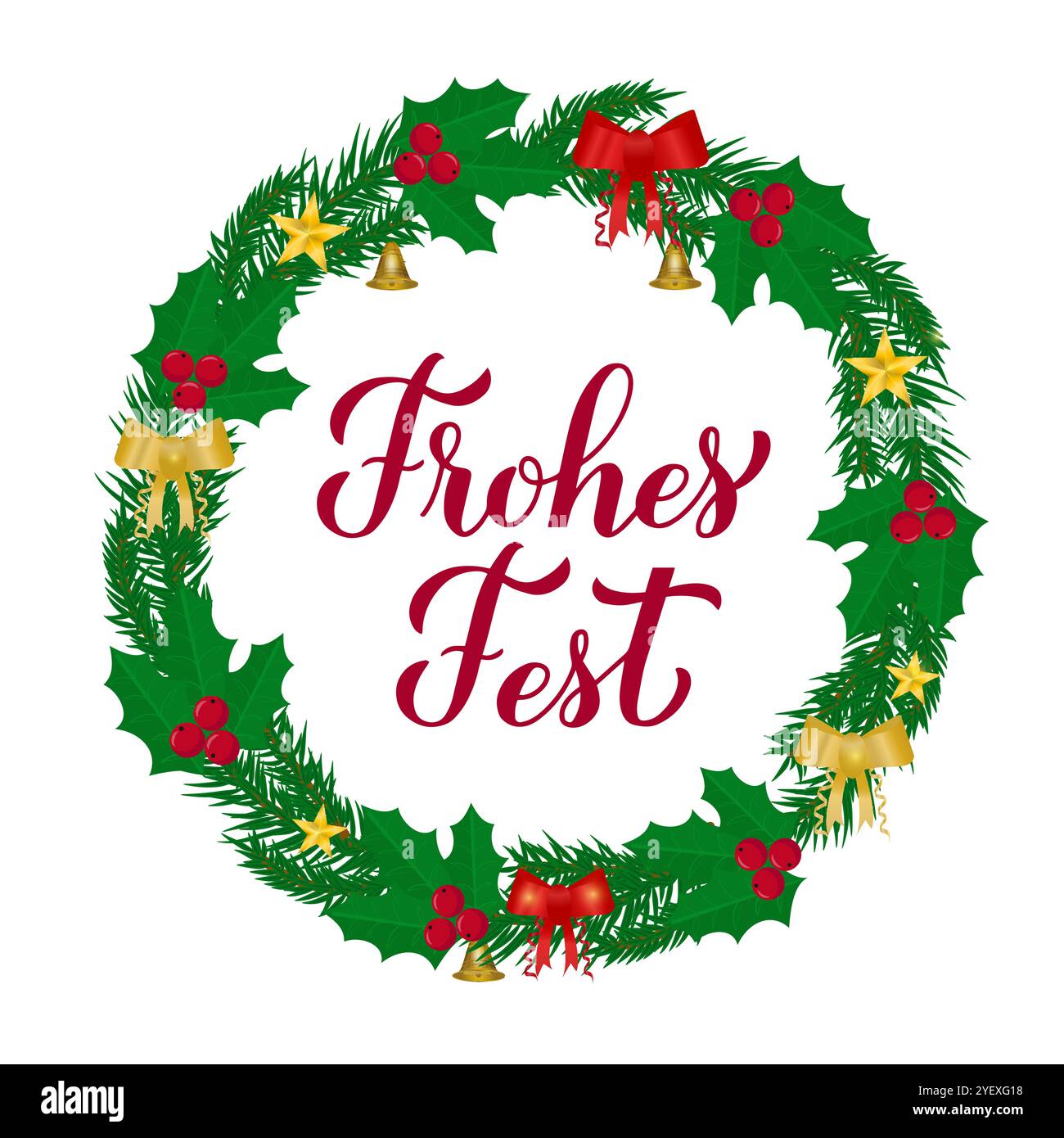 Frohes Fest calligraphy hand lettering with wreath of fir tree branches ...