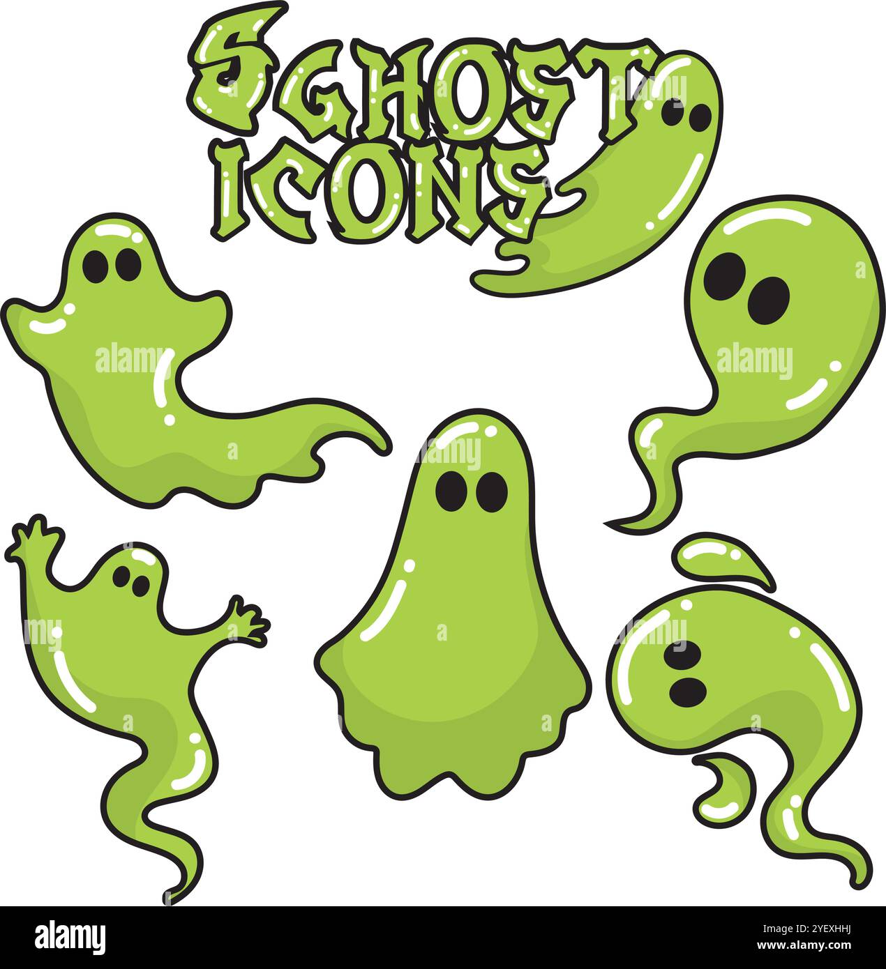 Set of green slime ghost icons with black eyes, Vector Stock Vector ...