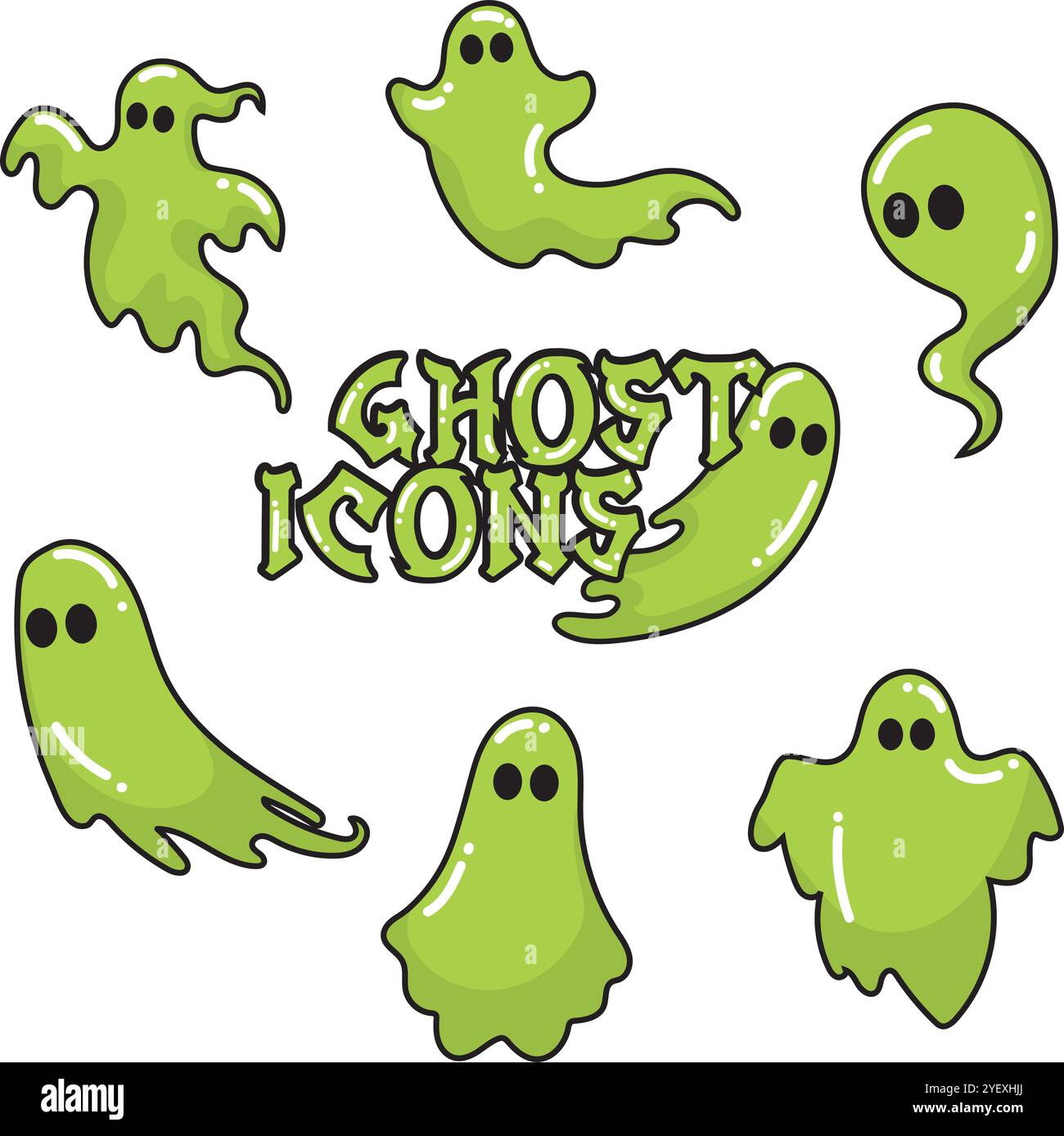Set of green slime ghost icons with black eyes, Vector Stock Vector ...