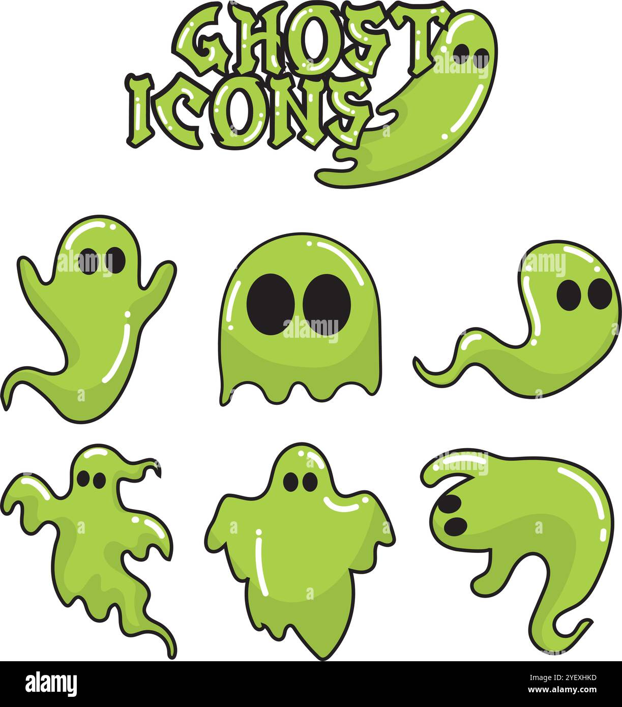 Set of green slime ghost icons with black eyes, Vector Stock Vector ...