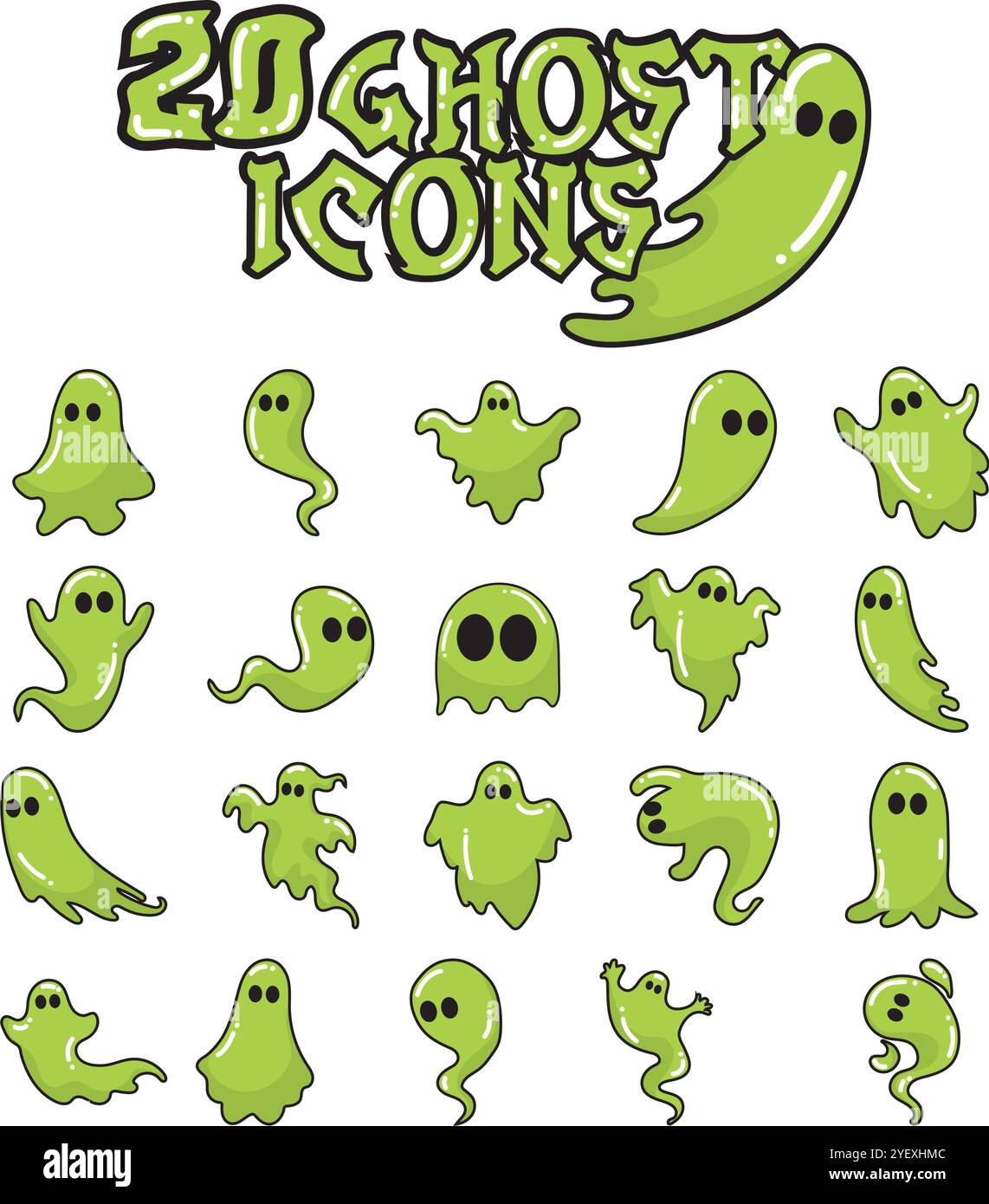 Set of green slime ghost icons with black eyes, Vector Stock Vector ...