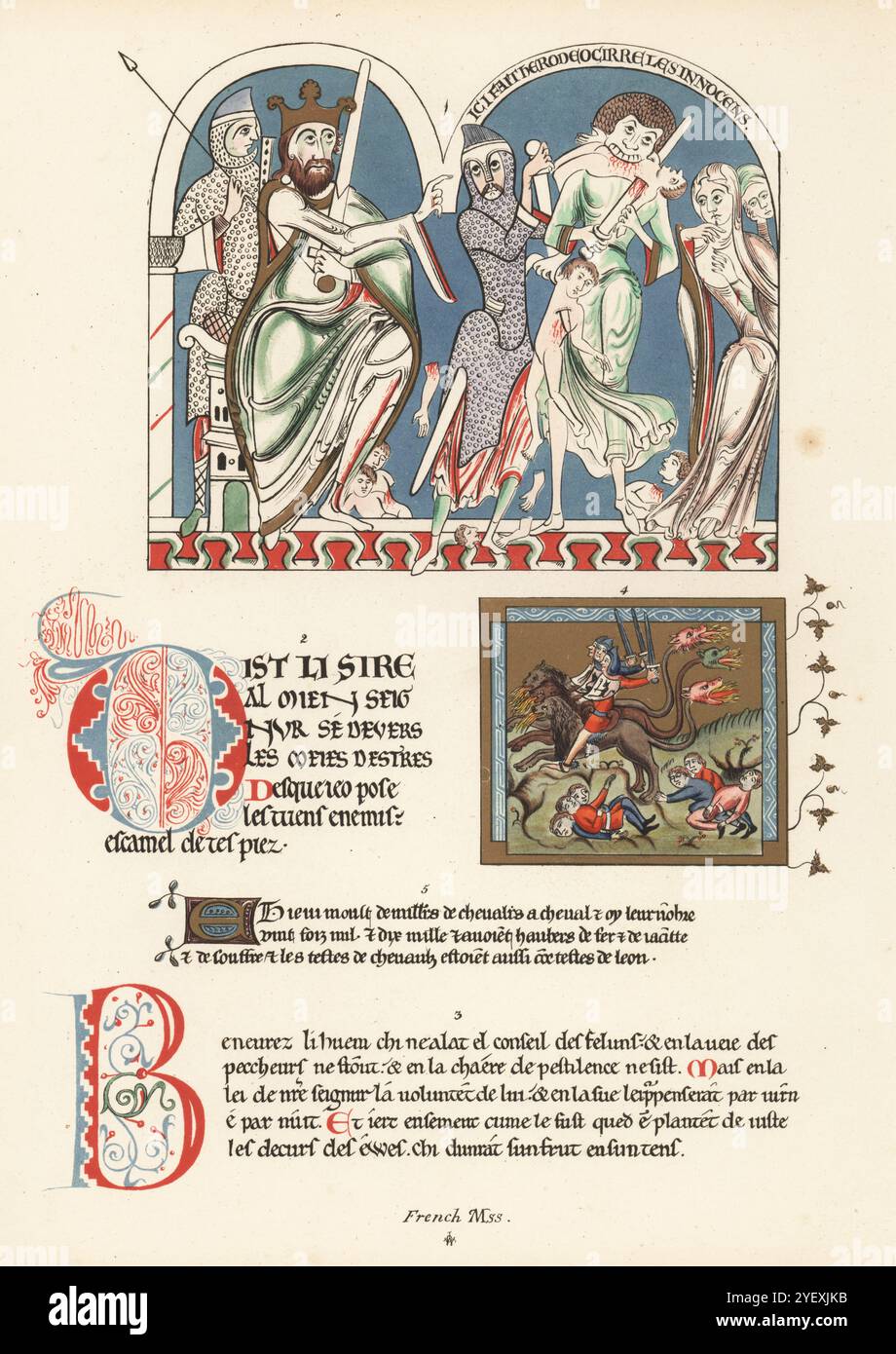 Ancient French manuscripts. Drawing of King Herod ordering the Massacre ...