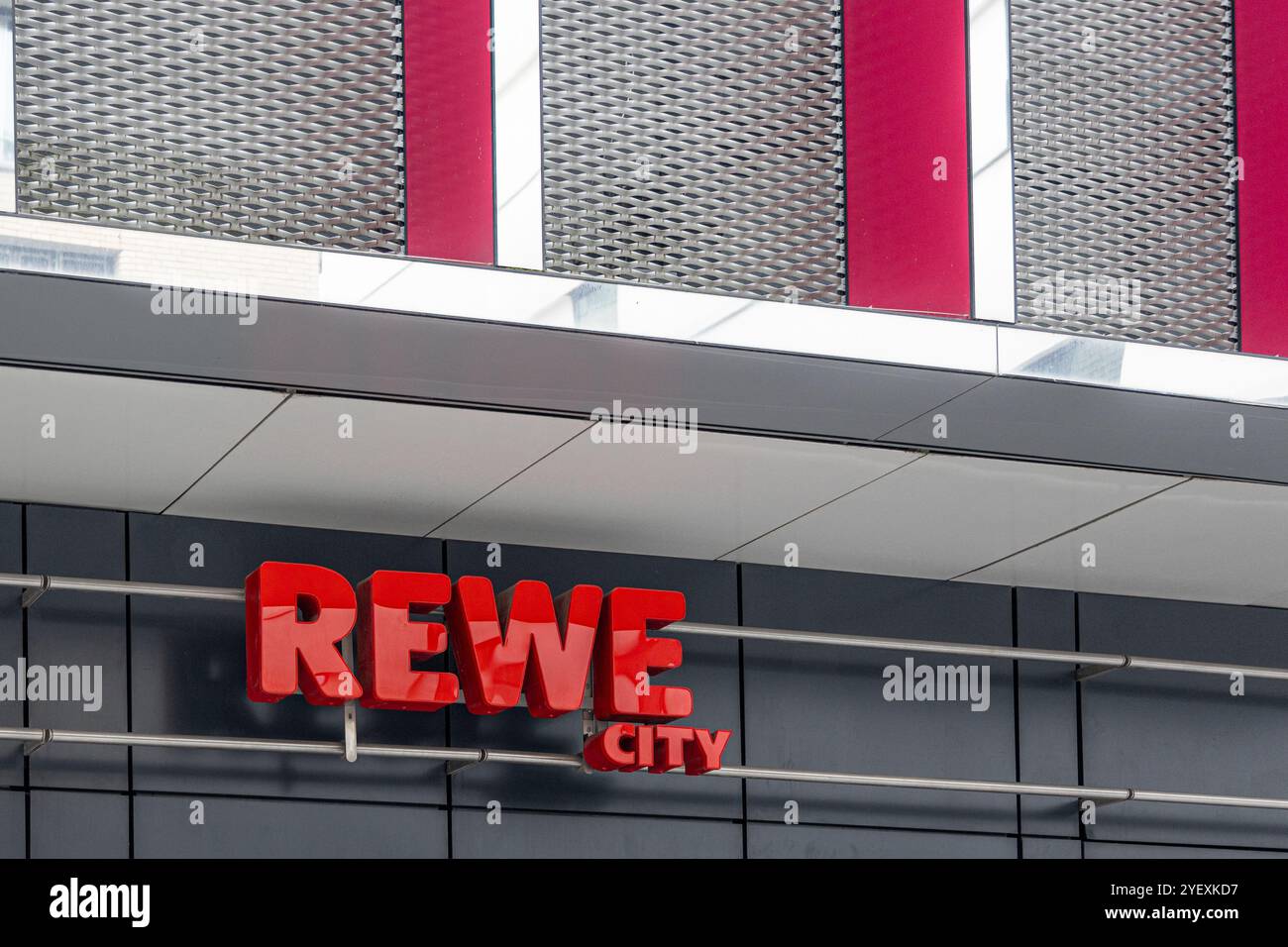 Frankfurt, Germany - October 26, 2024: Red REWE brand sign with ...