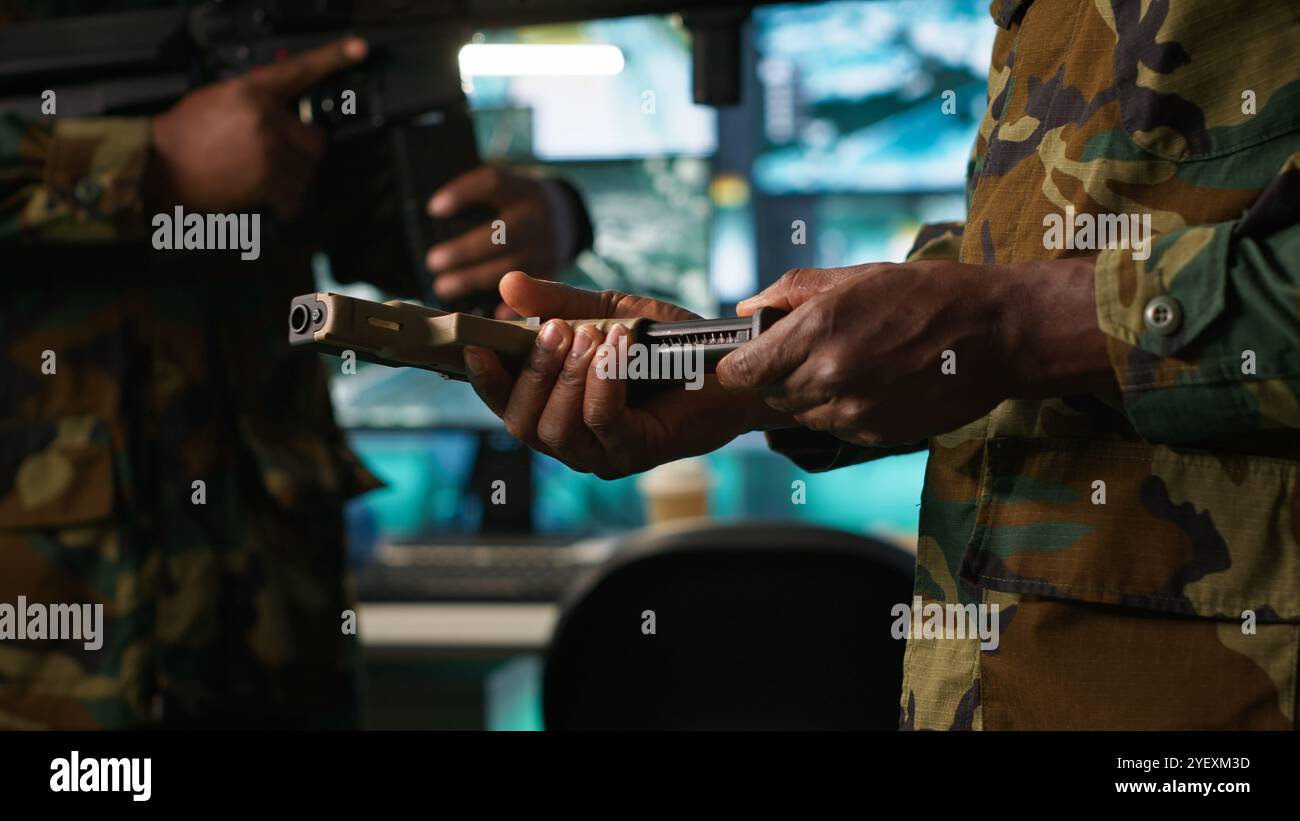 Military officers doing weapons maintenance in war room, ensuring bullets and supplies are ...