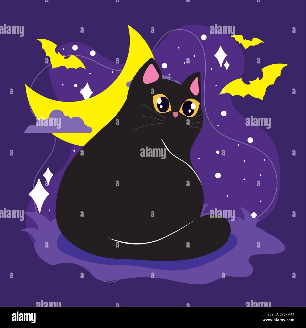 Halloween black cat with moon and bats in night sky, Vector Stock ...