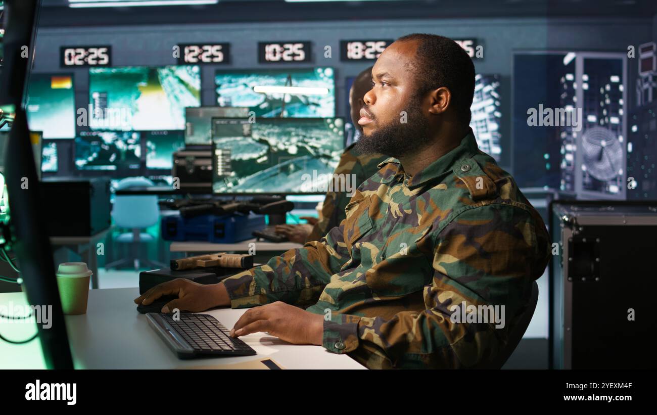 Officer doing tasks in military base, planning, analyzing and gathering ...