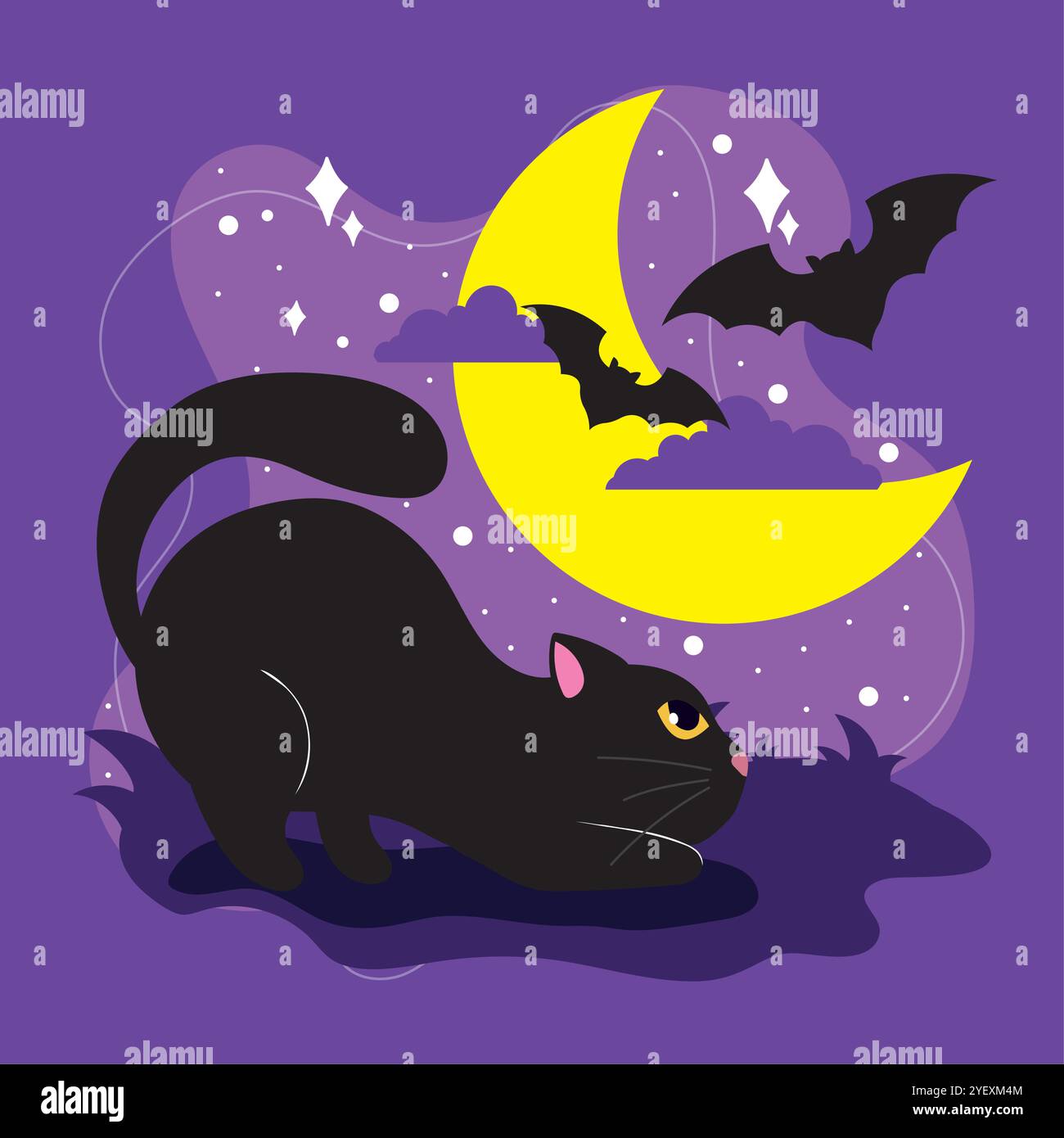 Black cat and crescent moon with flying bats, Vector Stock Vector Image ...