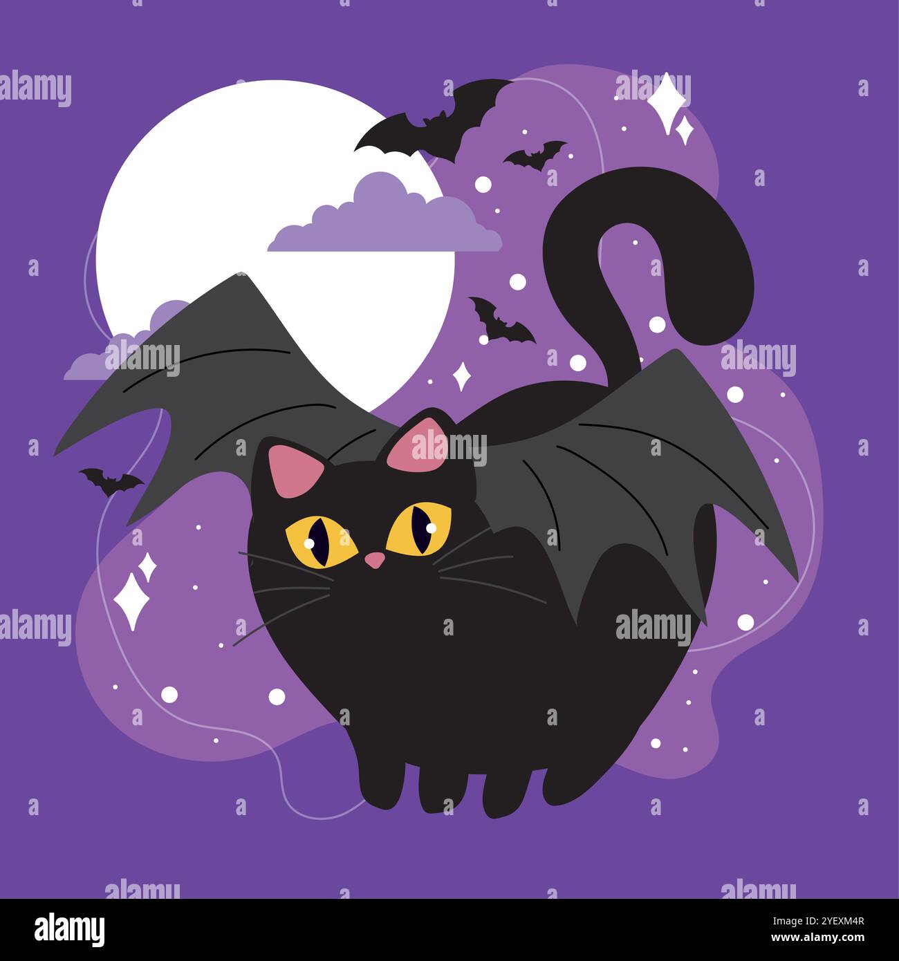 Black cat with bat wings and full moon scene, Vector Stock Vector Image ...