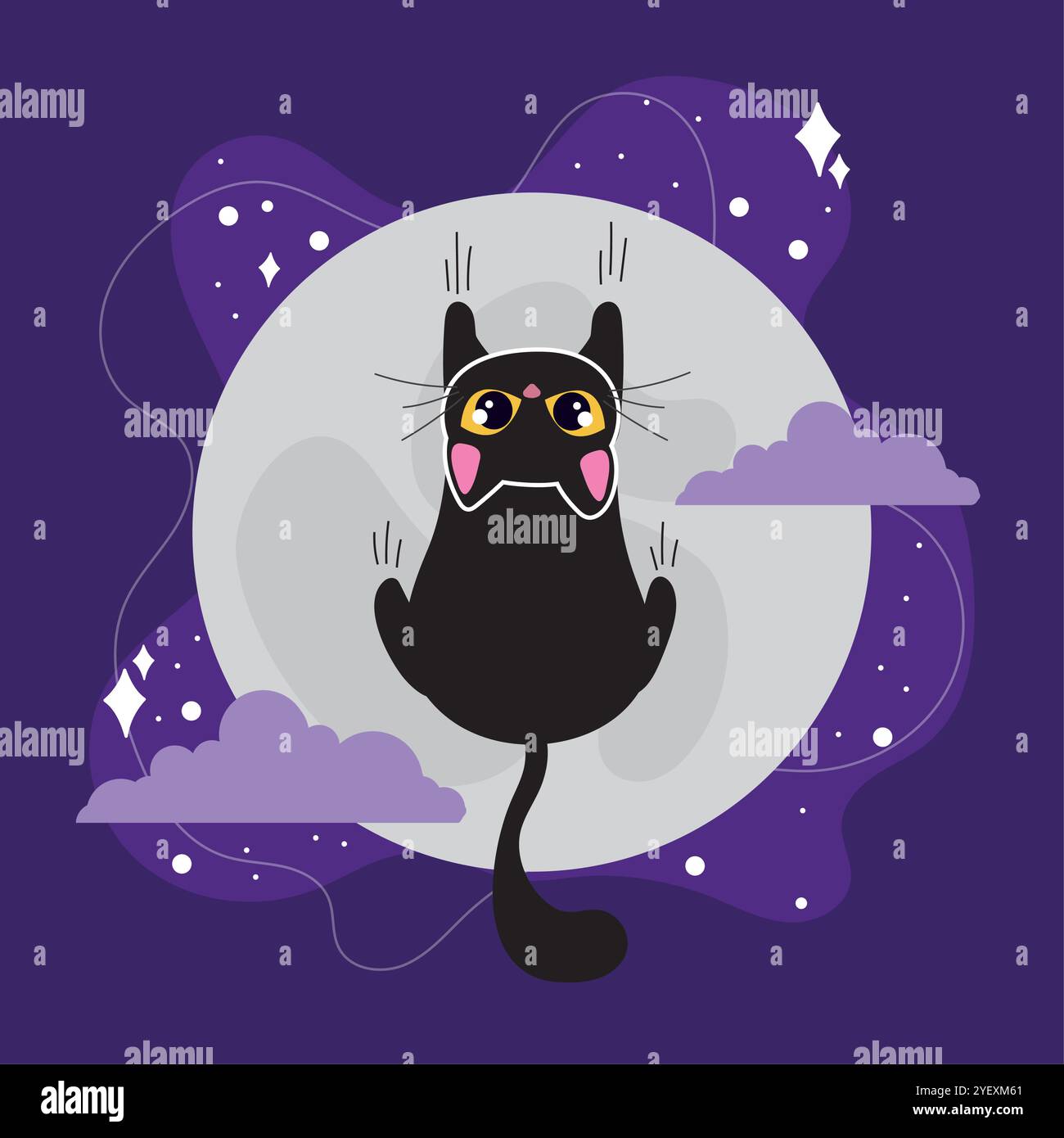 Black cat climbing with full moon and clouds, Vector Stock Vector Image ...