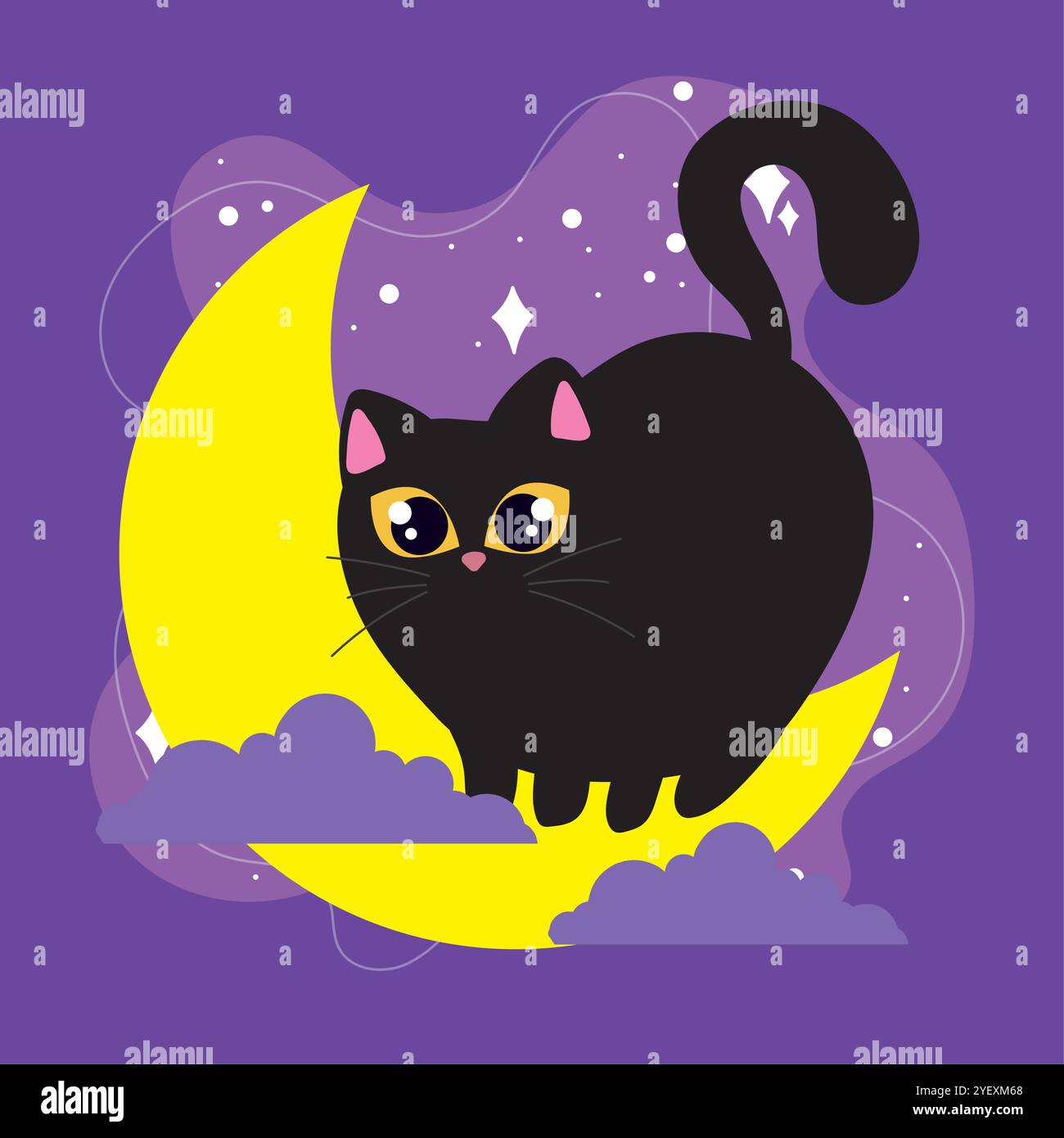 Cute black cat sitting on crescent moon, Vector Stock Vector Image ...