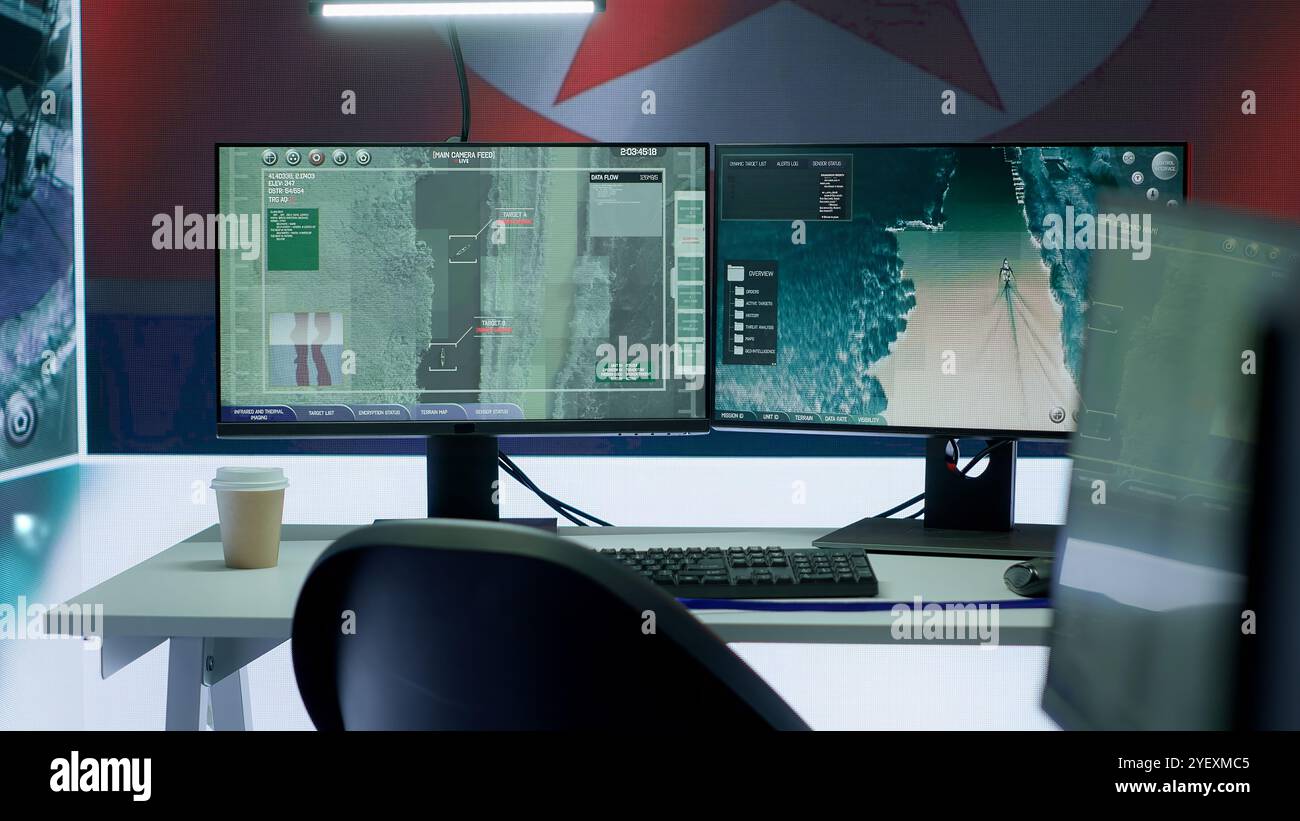 Armed forces military control center showing the North Korea flag ...