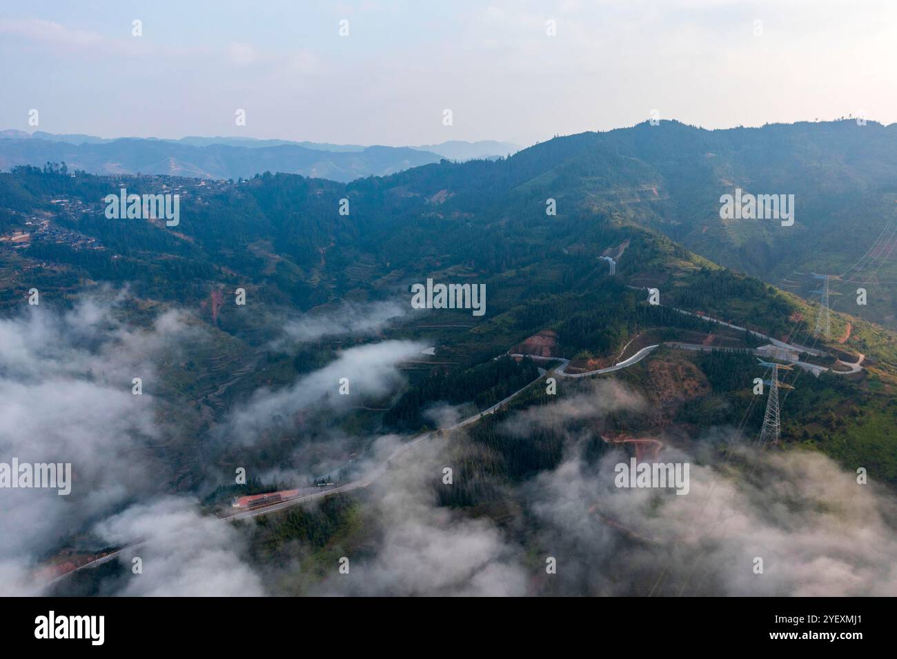 CONGJIANG, CHINA - NOVEMBER 1, 2024 - Aerial photo shows a winding ...