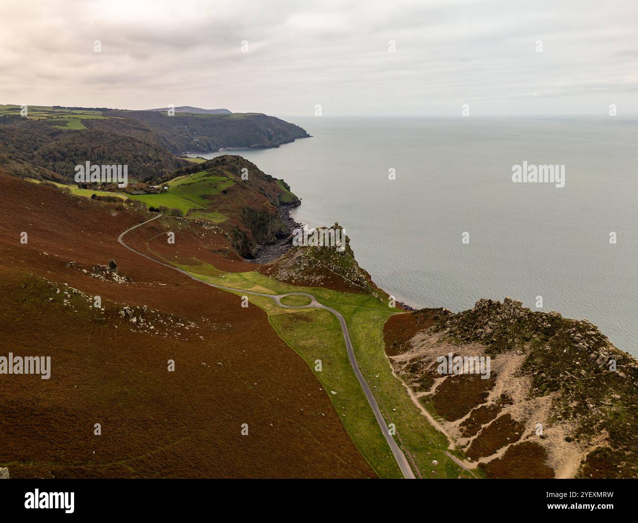 Aerial view of the valley of the rocks in exmoor national park ...