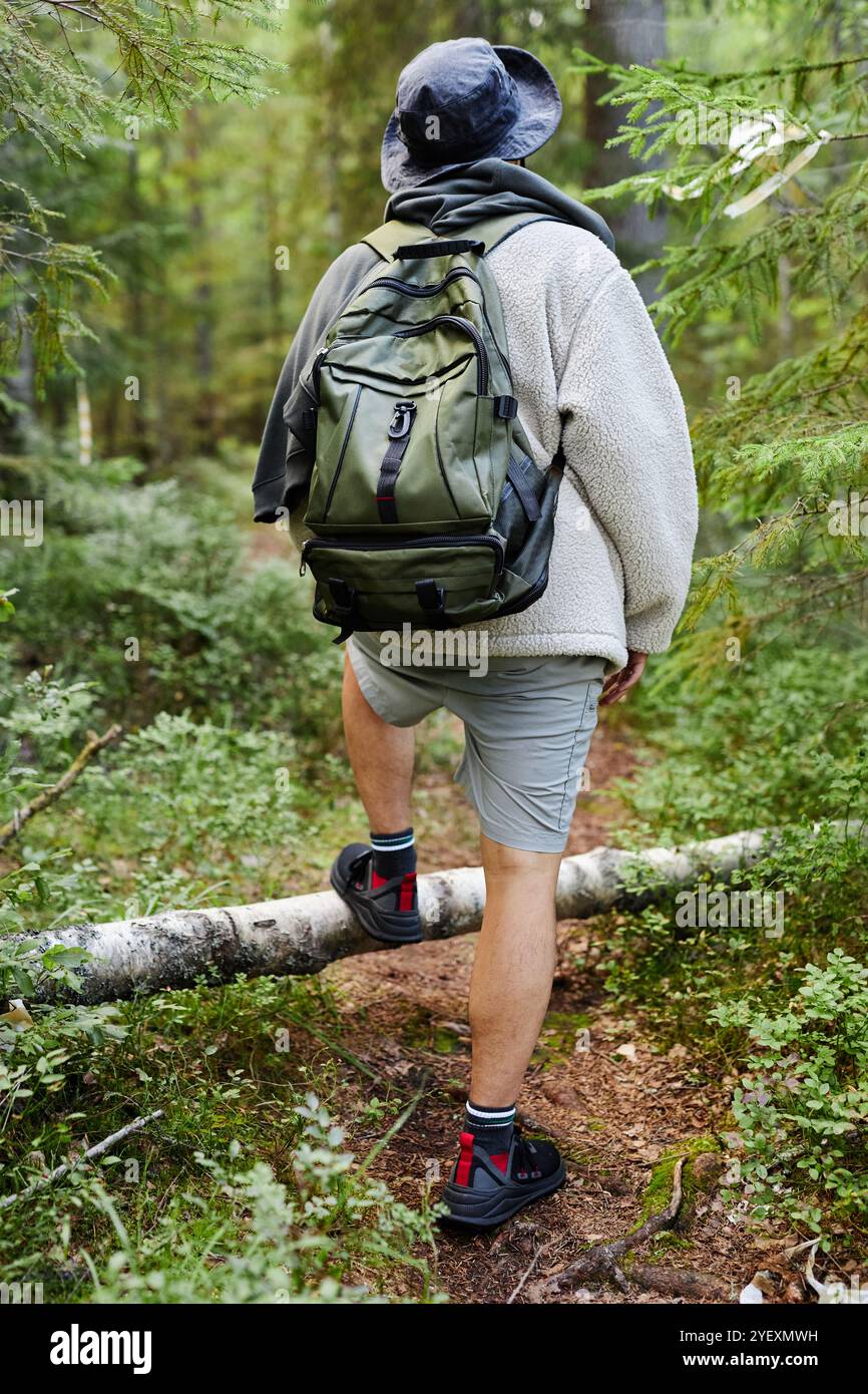 Vertical back view of young man travelling solo in nature and stepping ...