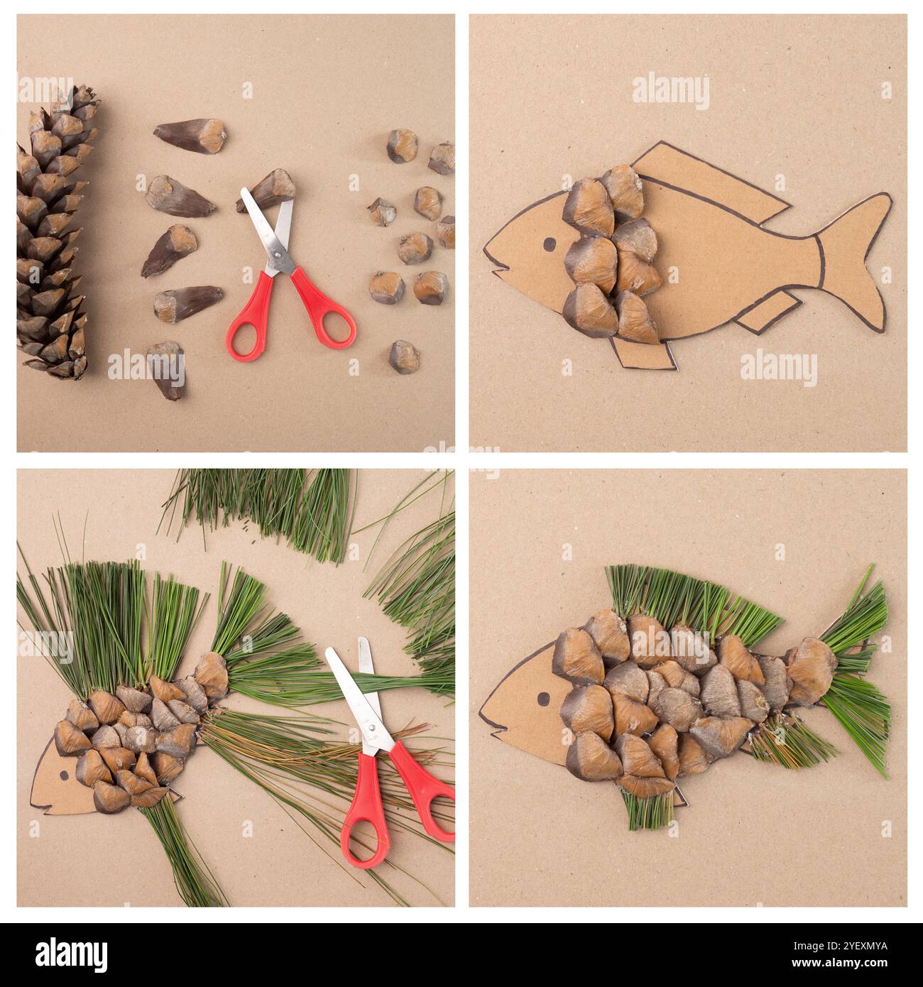 Step by step collage showing the process of making a fish shaped craft ...