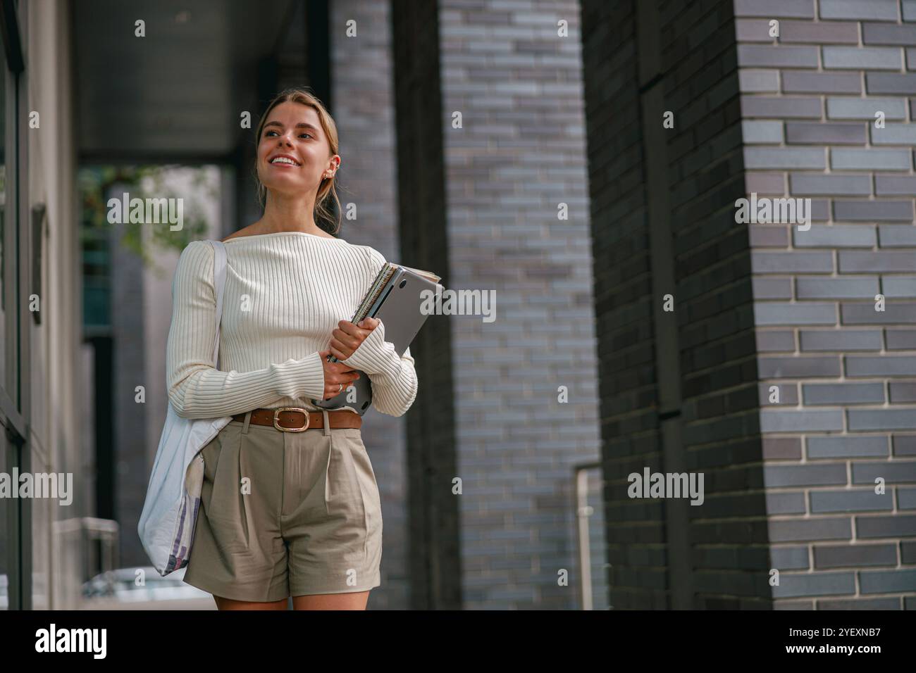 A Young Woman Striding Confidently Through a Dynamic Urban Setting ...