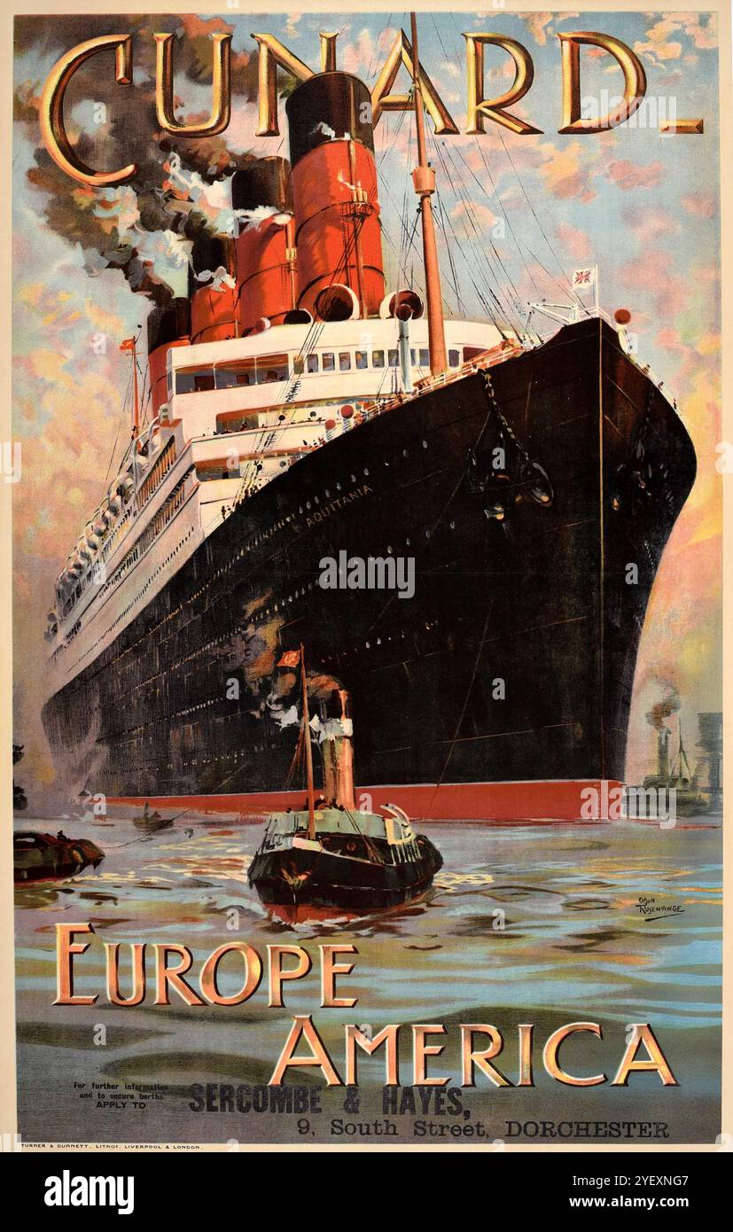 Vintage Cruise Travel Poster: Cunard Europe- America. featuring the ...