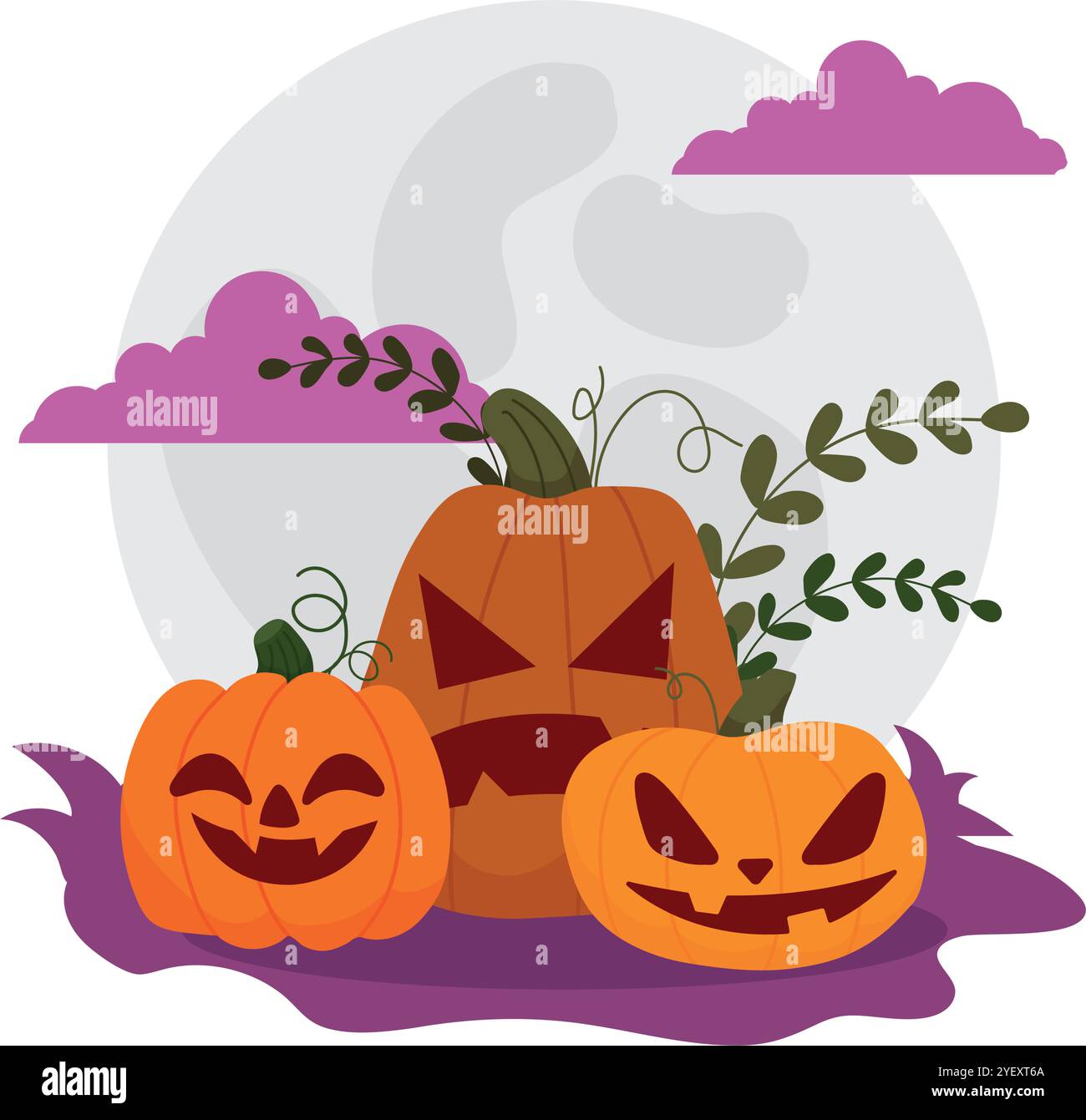 Three jack-o -lantern pumpkins with leaves and full moon, Vector Stock ...