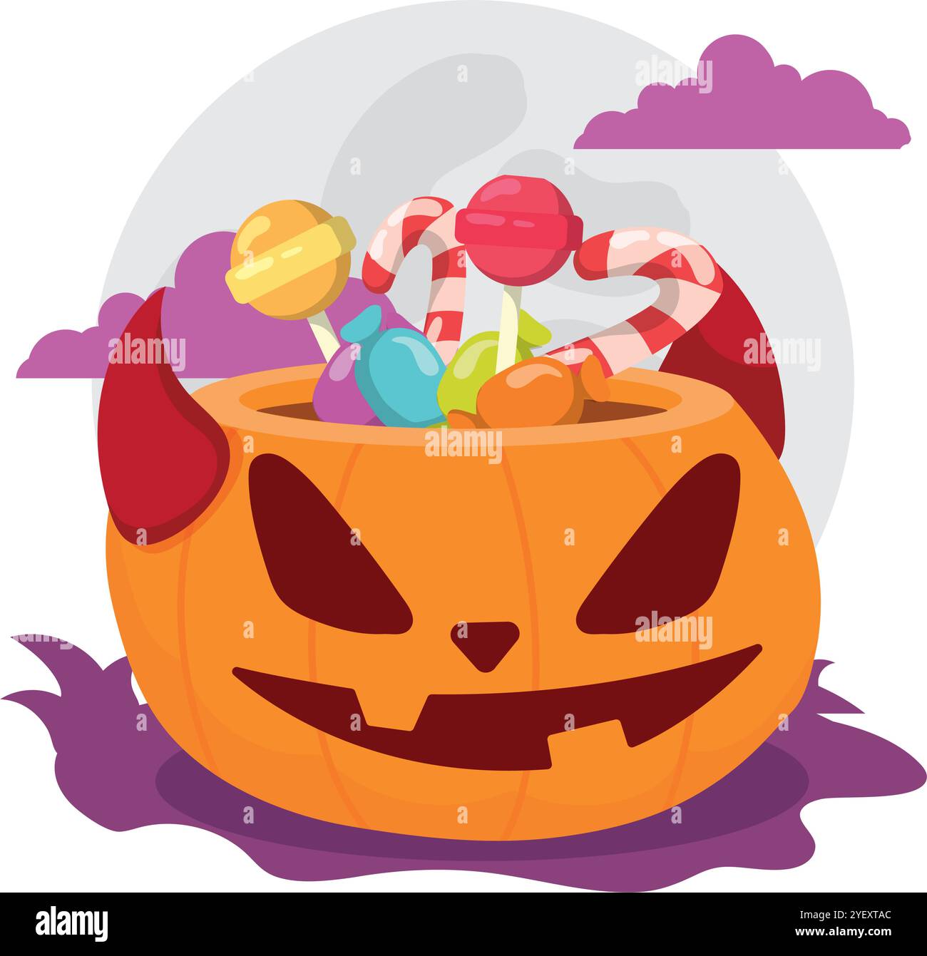 Devil-horned Halloween pumpkin with candy treats, Vector Stock Vector ...