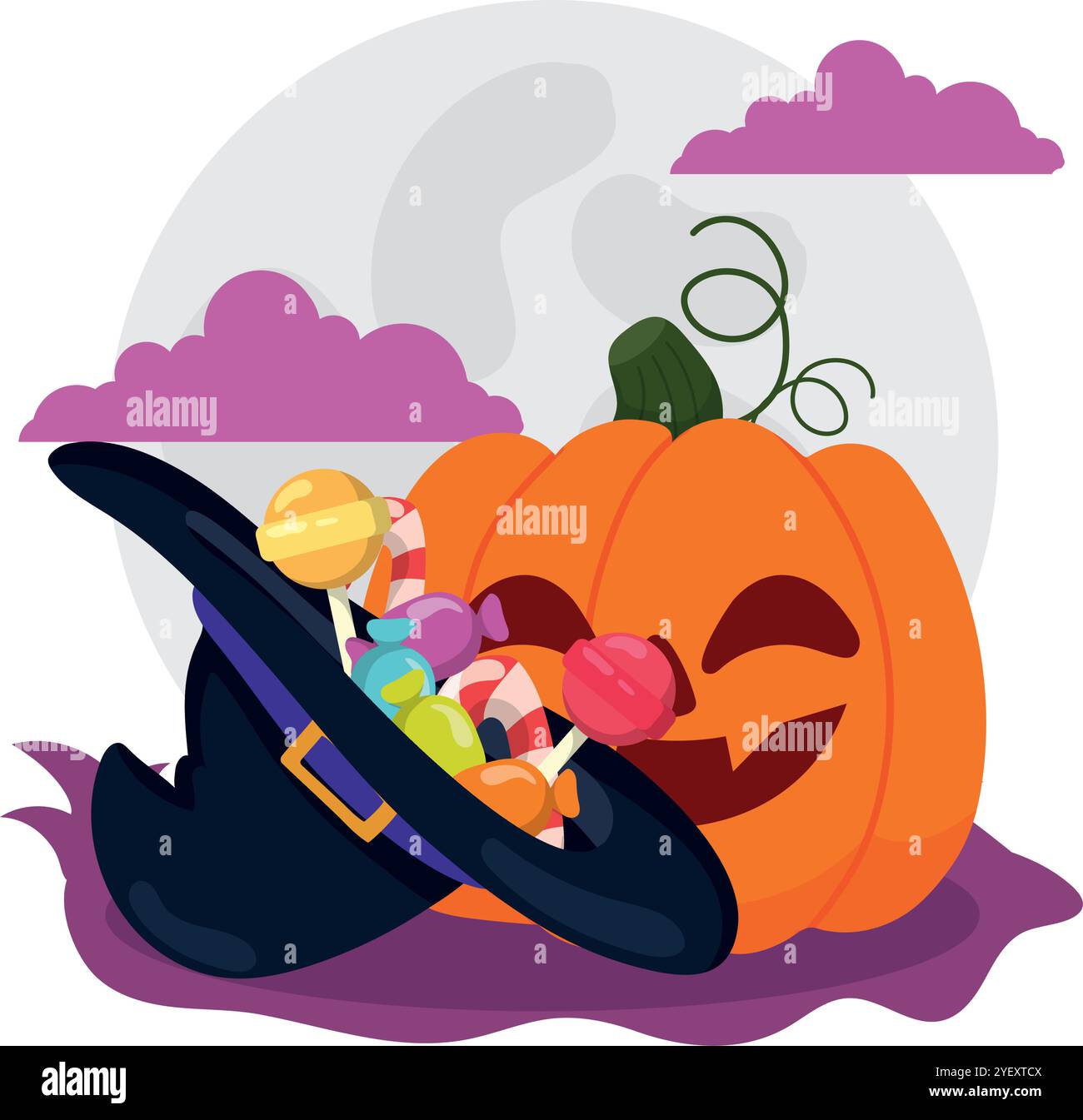 Halloween candy spilling from witch hat and pumpkin, Vector Stock ...