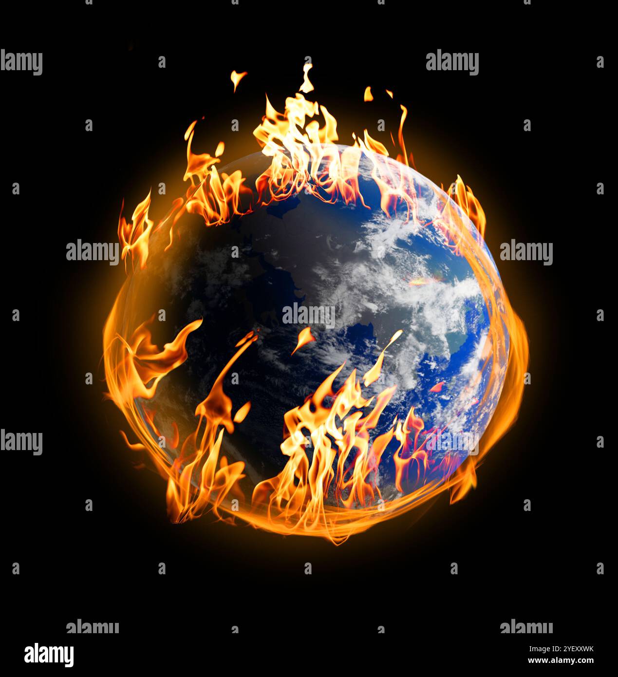 Planet Earth on fire against black background. Conceptual image for ...