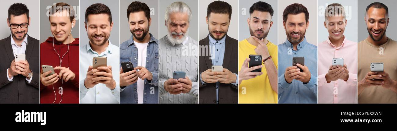 Different men with mobile phones on color background, collage. Modern ...