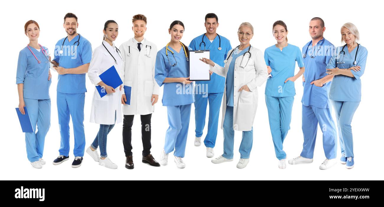 Different healthcare workers in uniforms on white background Stock ...