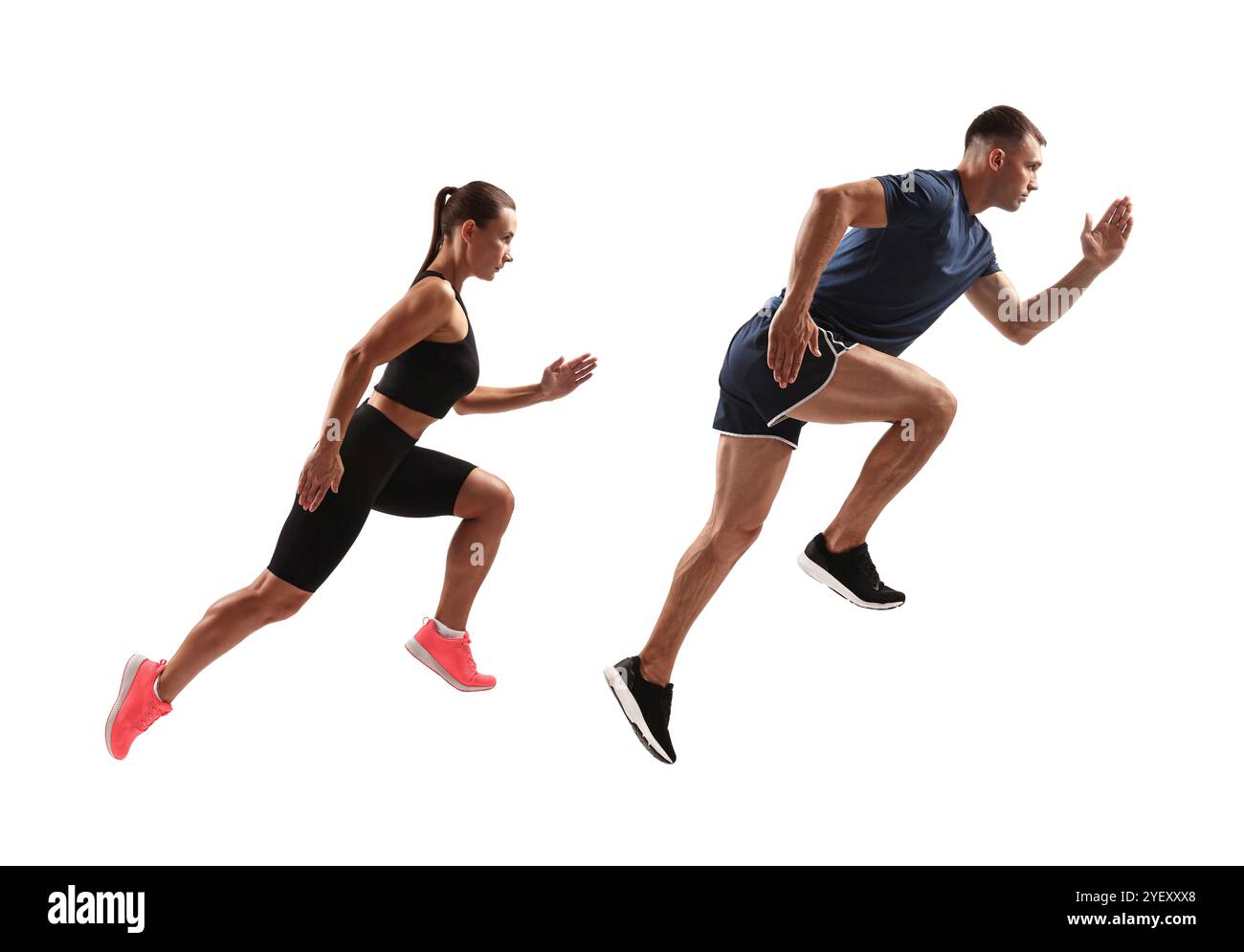 Athletic man and woman in sportswear running on white background Stock ...