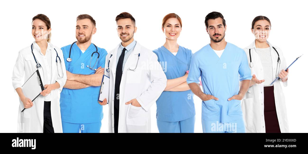 Different healthcare workers in uniforms on white background Stock ...