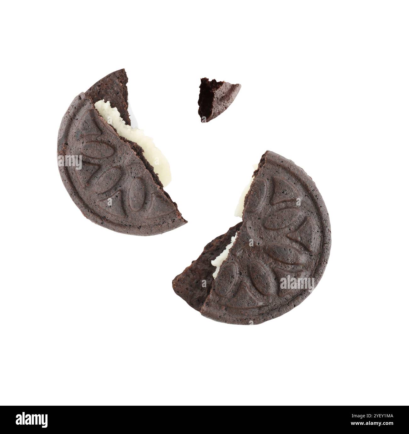 Tasty broken sandwich cookie in air on white background Stock Photo - Alamy
