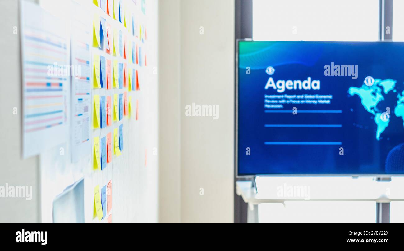 digital screen show presentation agenda with sticky note on wall at ...