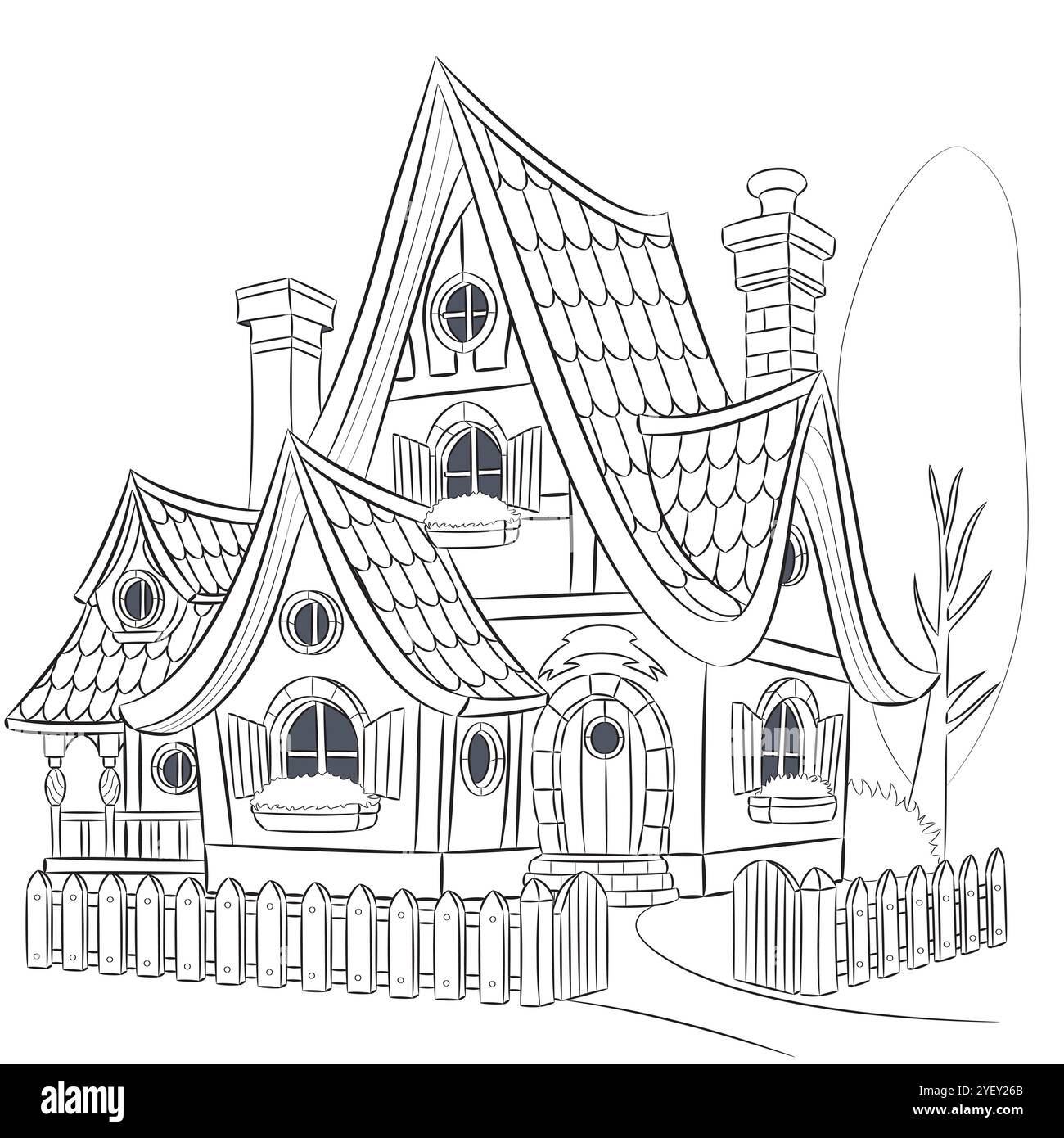Black and white illustration of a fairytale house with a curved tiled ...