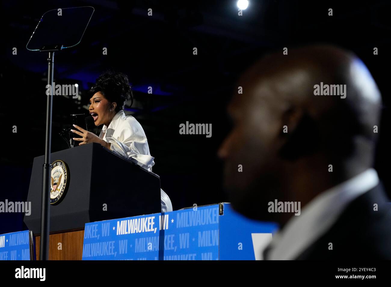 Cardi B speaks during a campaign rally for Democratic presidential ...