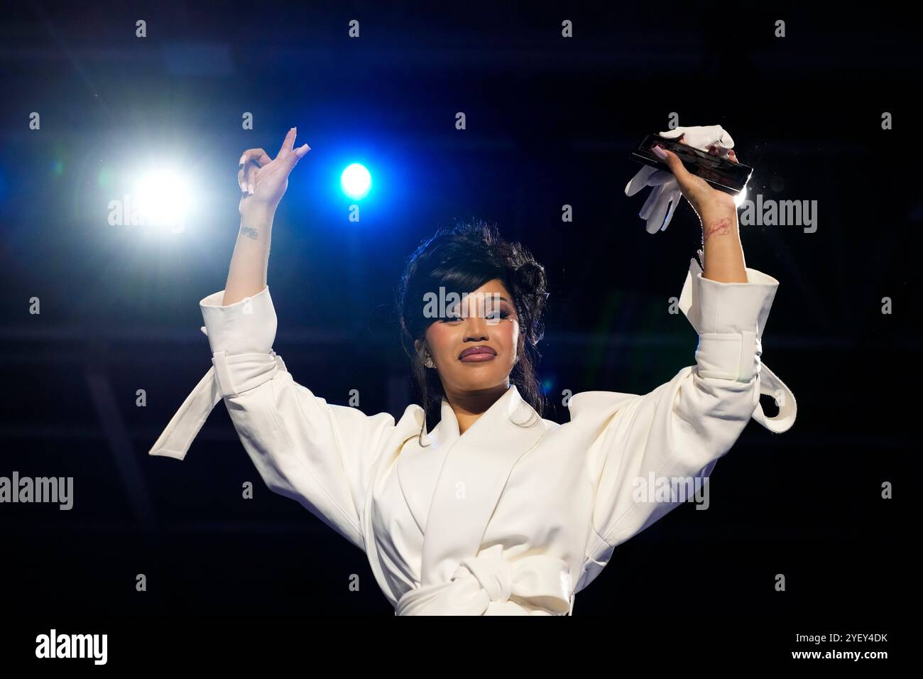 Cardi B gestures to the crowd during a campaign rally for Democratic ...