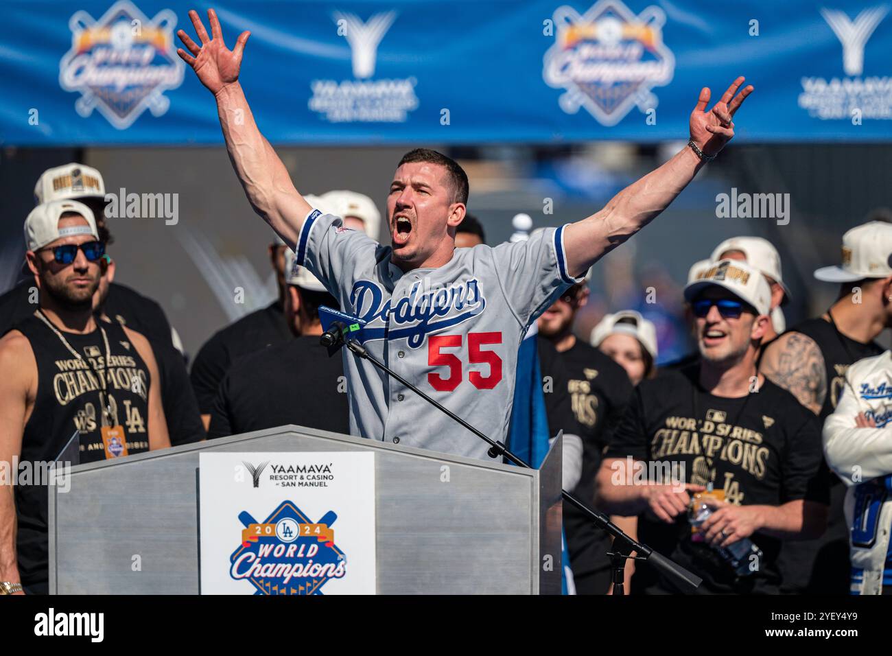 Los Angeles Dodgers pitcher Walker Buehler celebrates during the Los ...