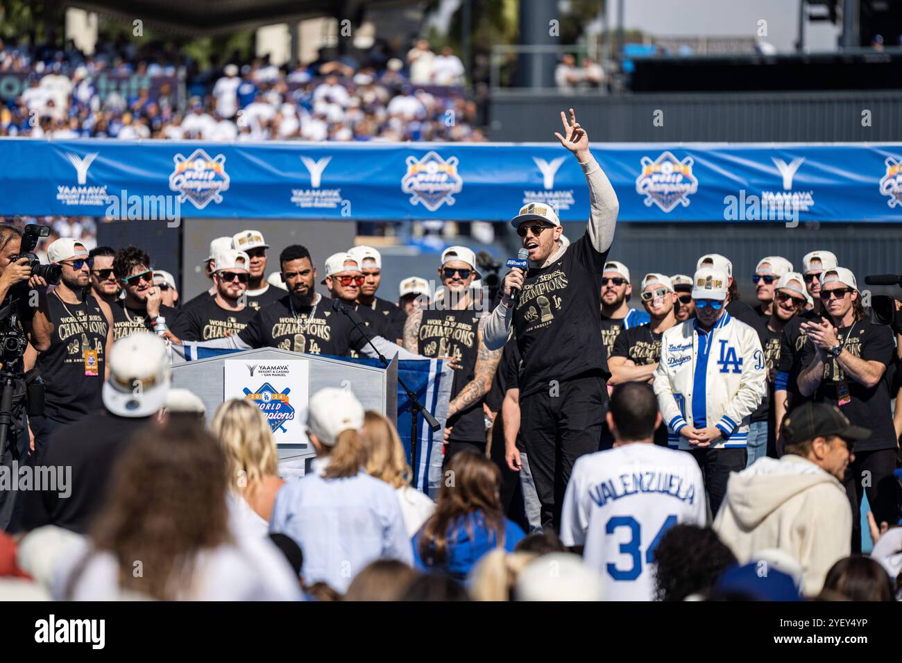 Los Angeles Dodgers first base Freddie Freeman speaks during the Los ...