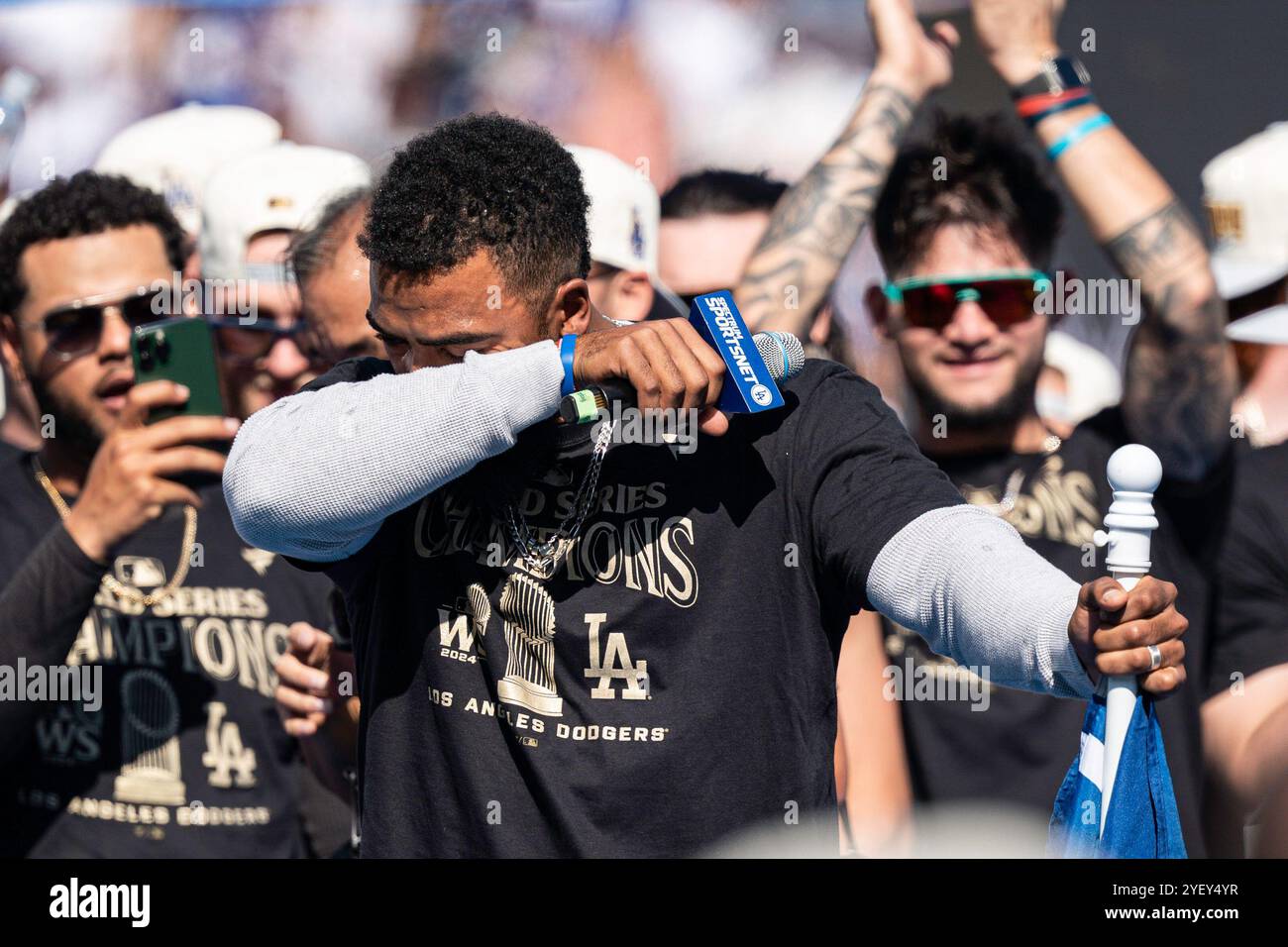 Los Angeles Dodgers outfielder Teoscar Hernandez tears up during the Los Angeles Dodgers World ...