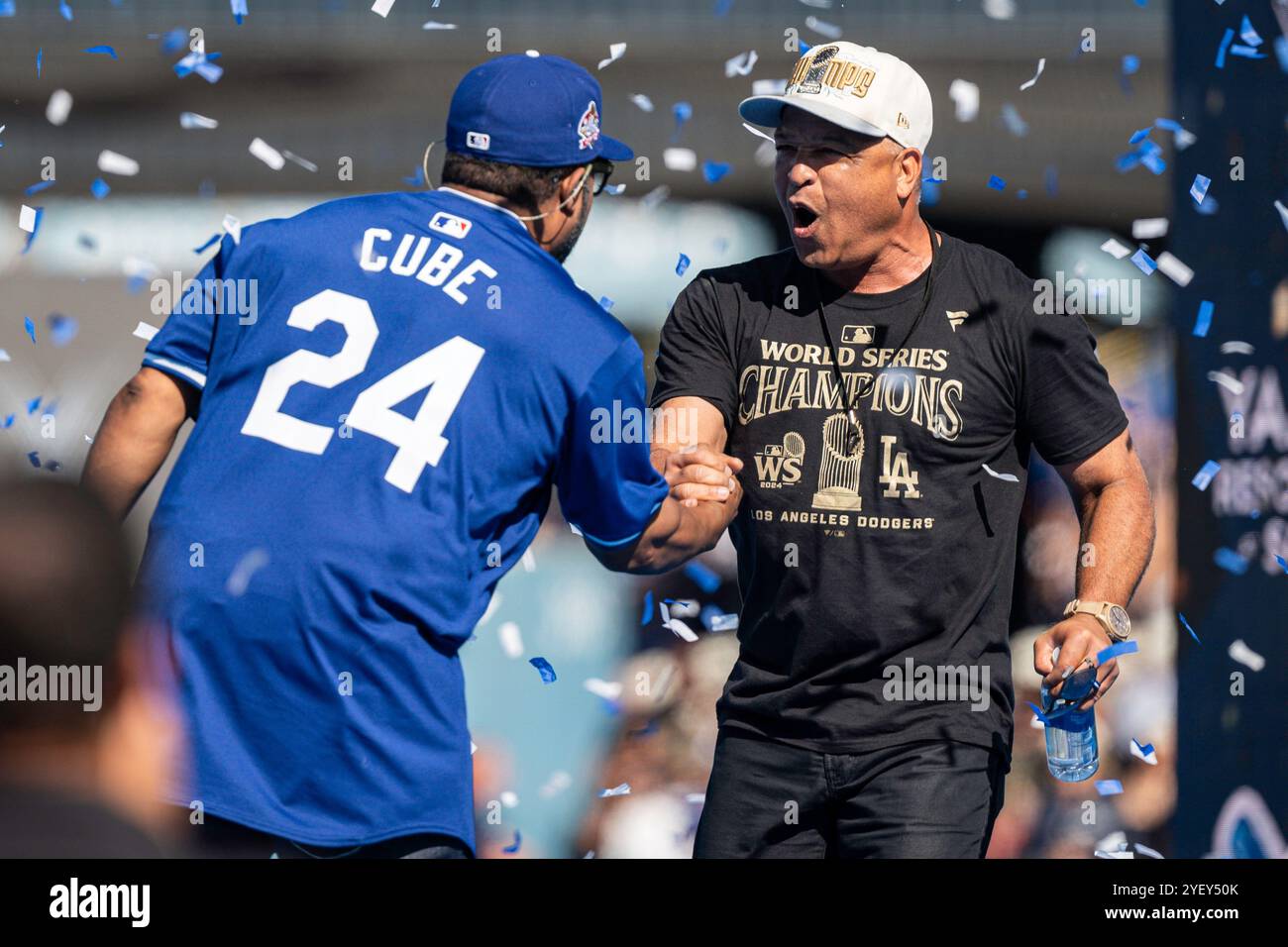 Los Angeles Dodgers manager Dave Roberts celebrates with Ice Cube ...