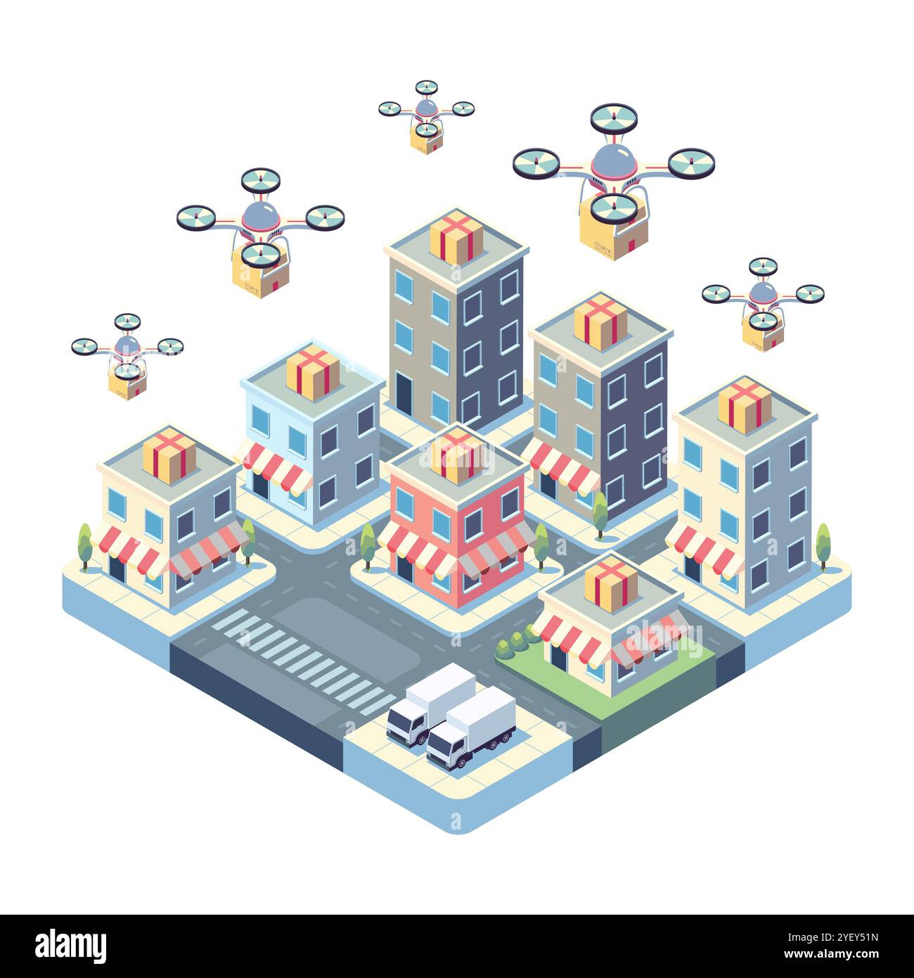 Isometric Drones Delivering Packages in Urban Environment. Logistics ...