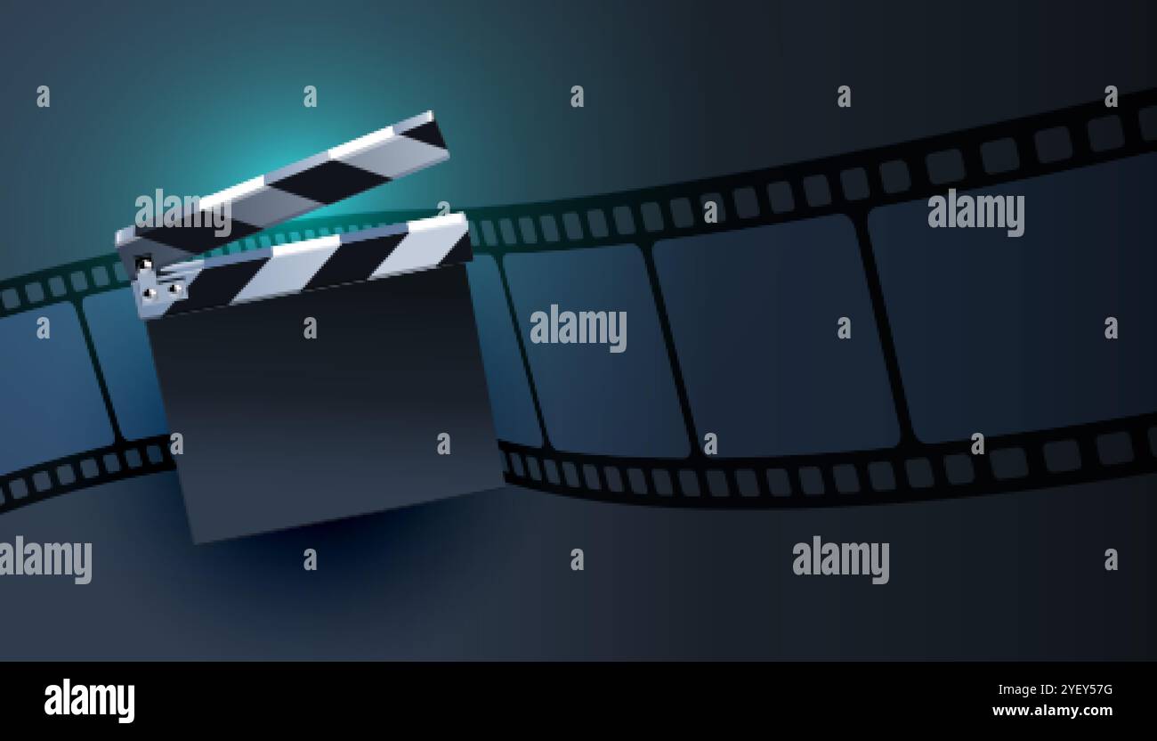open clapper board with film strip background design Stock Vector Image ...