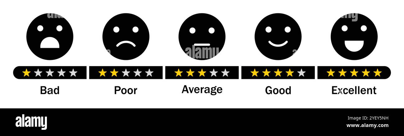 Feedback rating emoji icon set in black color. Five facial expression ...